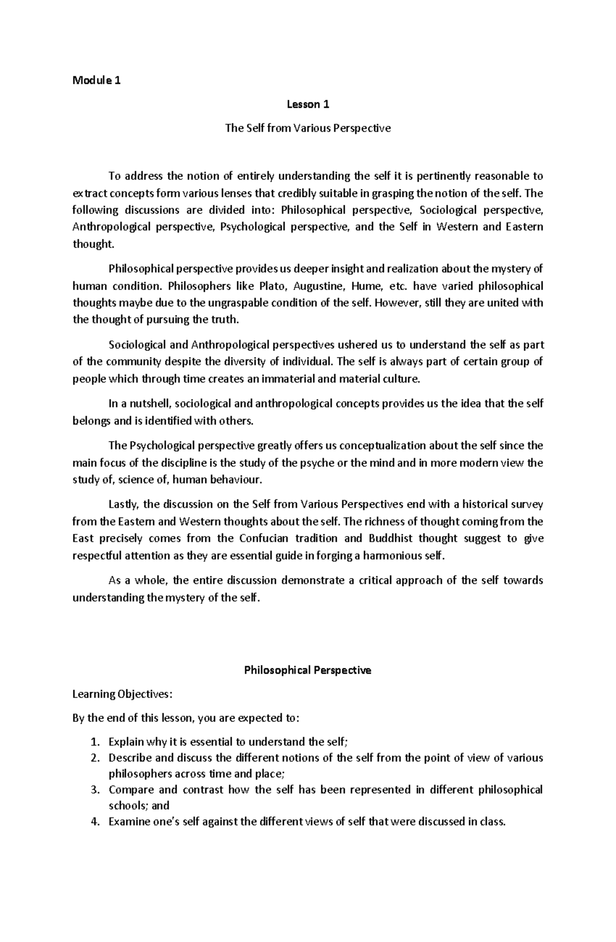 Module 1 Lesson 1 Understanding THE SELF - Module 1 Lesson 1 The Self ...