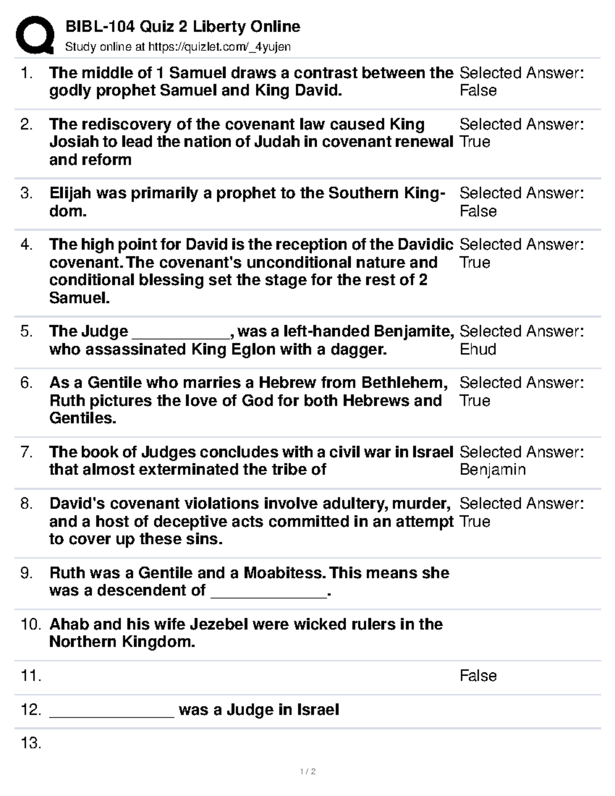 Bible 104 QUIZ 2 - BIBL-104 Quiz 2 Liberty Online Study online at ...