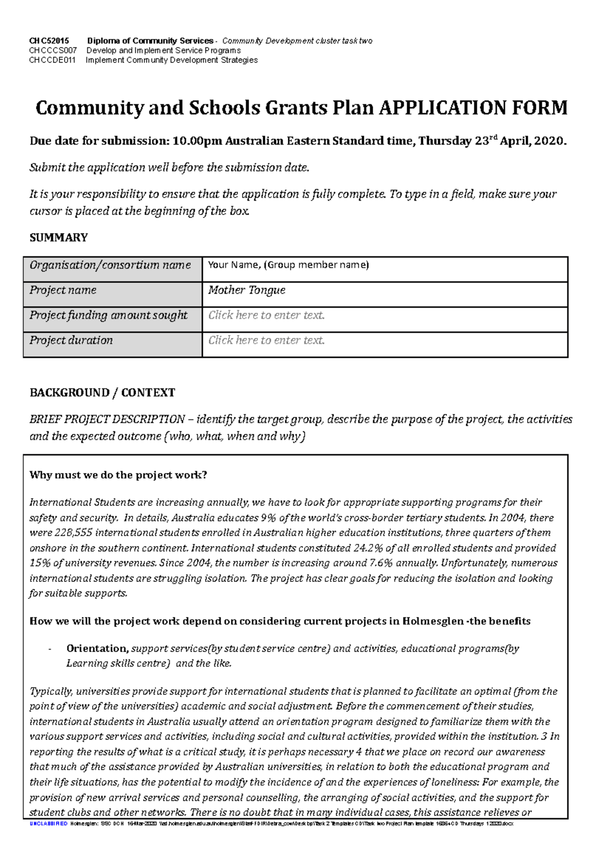 Task two Project Plan 16864 CD Thursdays 1 20201 - CHCCCS007 Develop ...