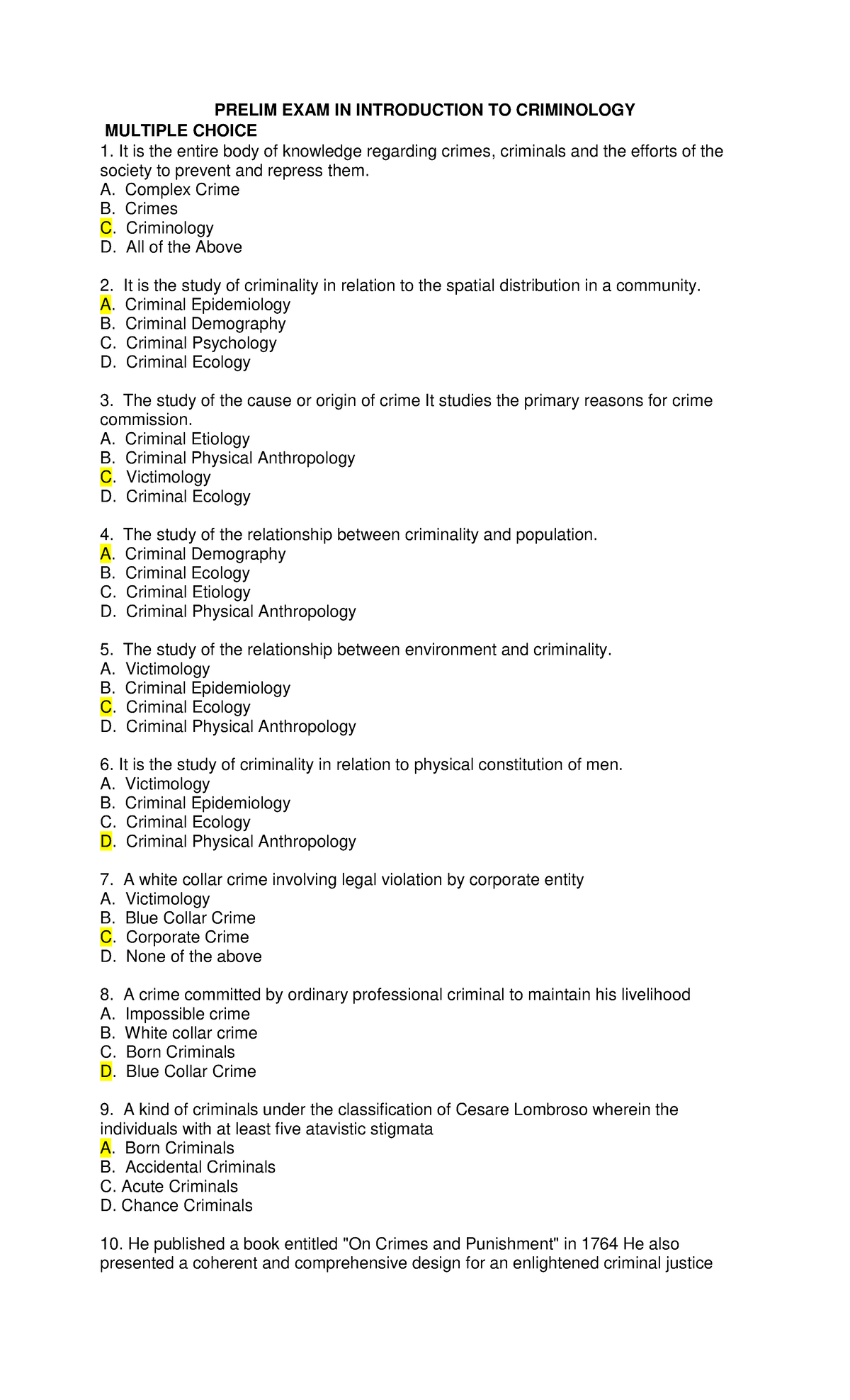 Post test in criminology - PRELIM EXAM IN INTRODUCTION TO CRIMINOLOGY ...