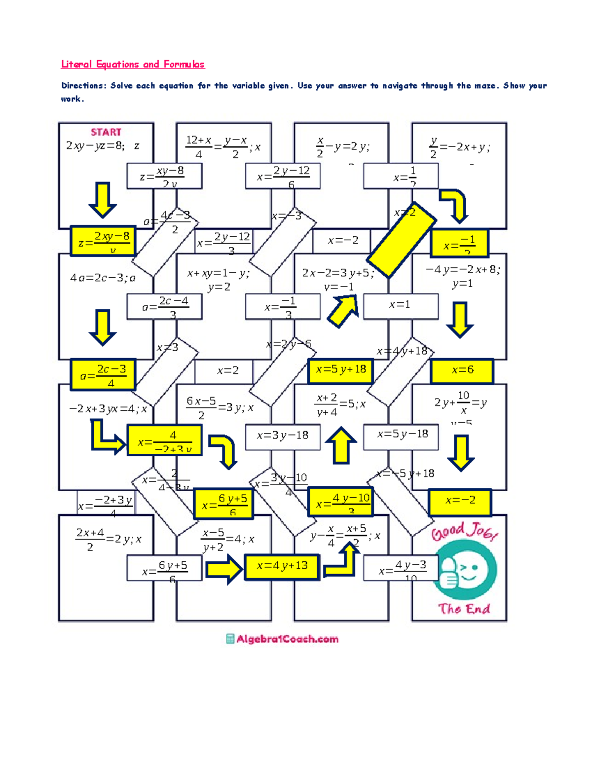 2-5-Literal-Equations-and-Formulas-Answers-Maze-Activity 5 - Literal ...