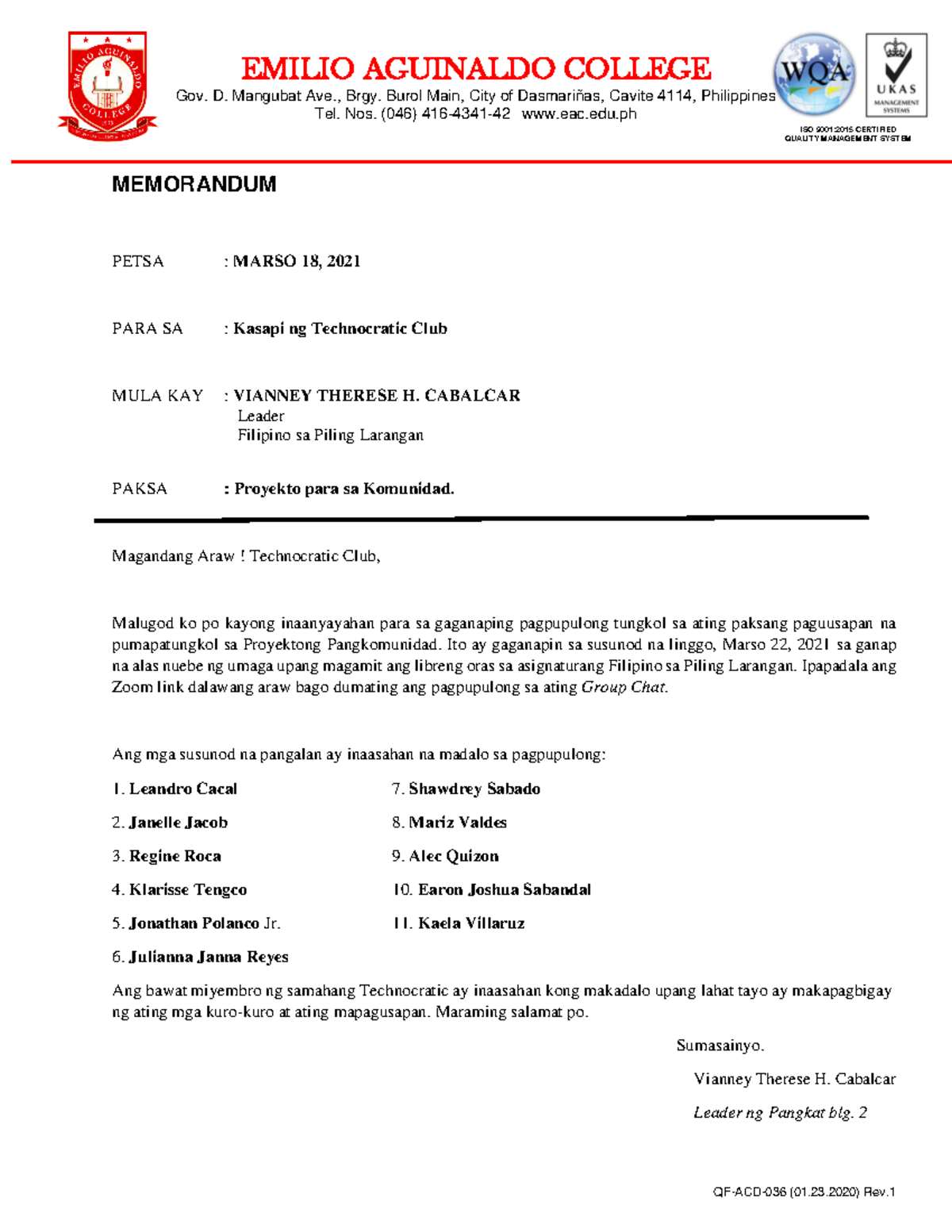 Memorandum AT Agenda Pangkat 2 - EMILIO AGUINALDO COLLEGE Gov. D ...