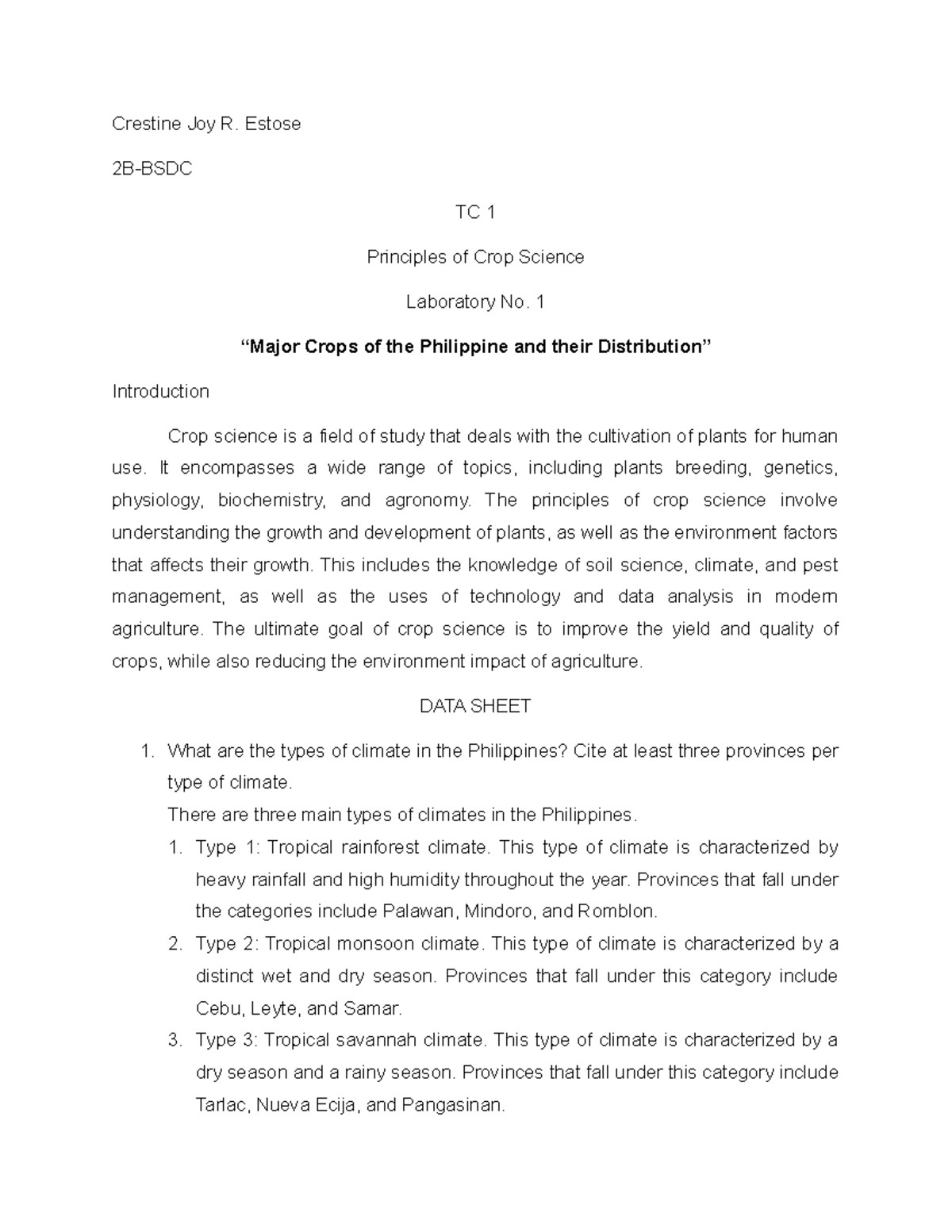 TC1 Lab Ex 1 - Principle of Crop Science - Crestine Joy R. Estose 2B ...