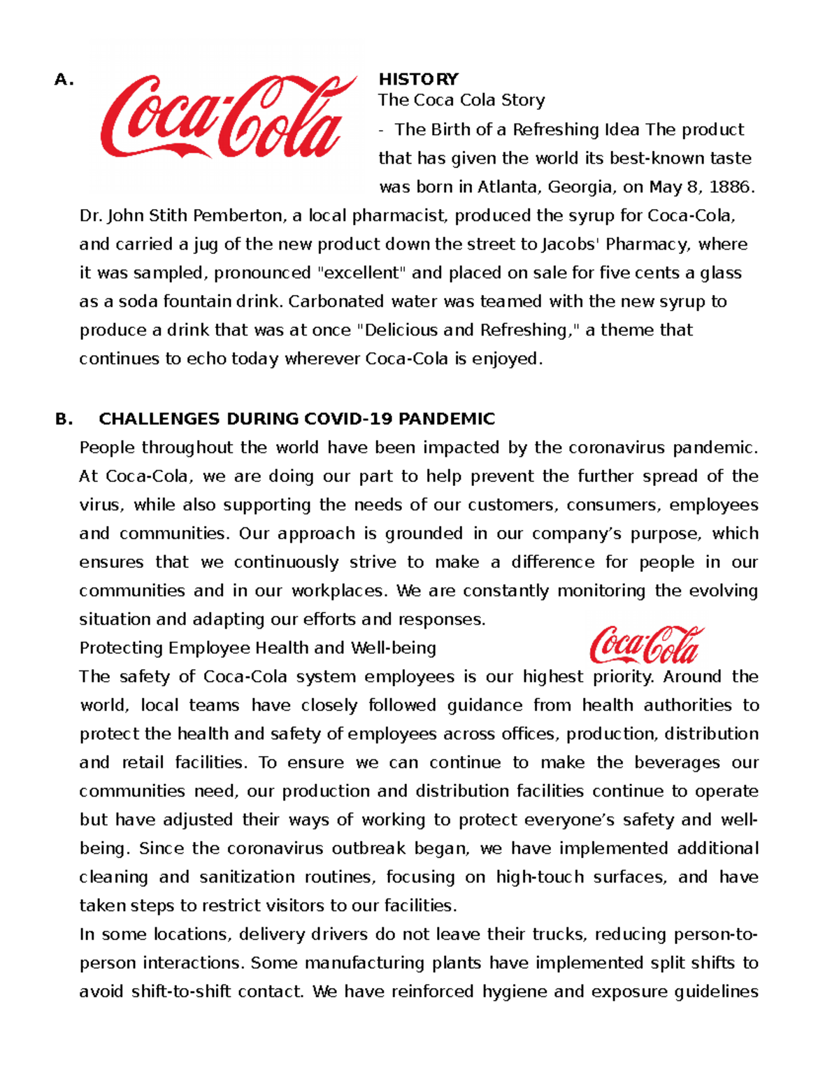 History - It helps other students - A. HISTORY The Coca Cola Story The ...