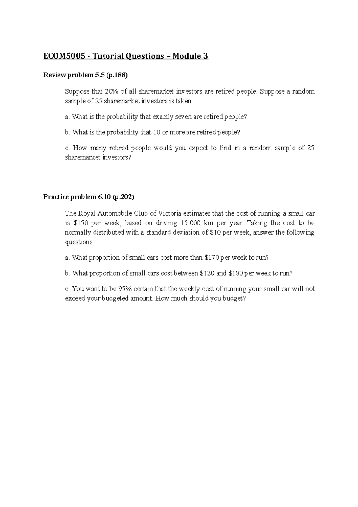 M3 Tute questions - NOt Applicable - ECOM5005 - Tutorial Questions ...