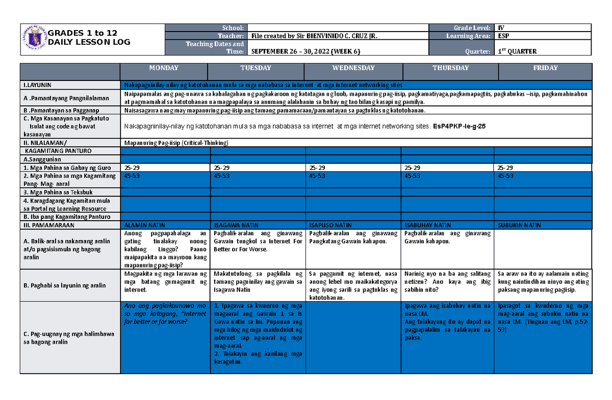 DLL ESP 4 Q1 W6 - none - GRADES 1 to 12 DAILY LESSON LOG School: Grade ...