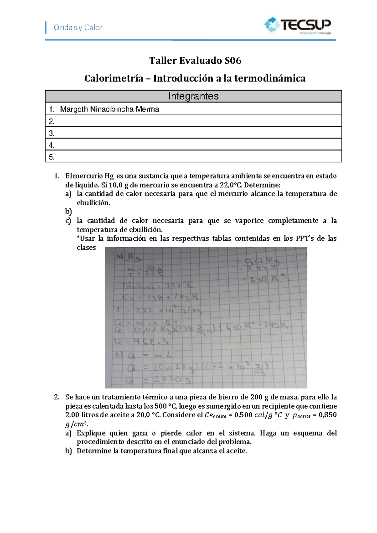 Taller Evaluado S06 OC 2021 1 - Ondas y Calor Taller Evaluado S Calorimetría – Introducción a la ...