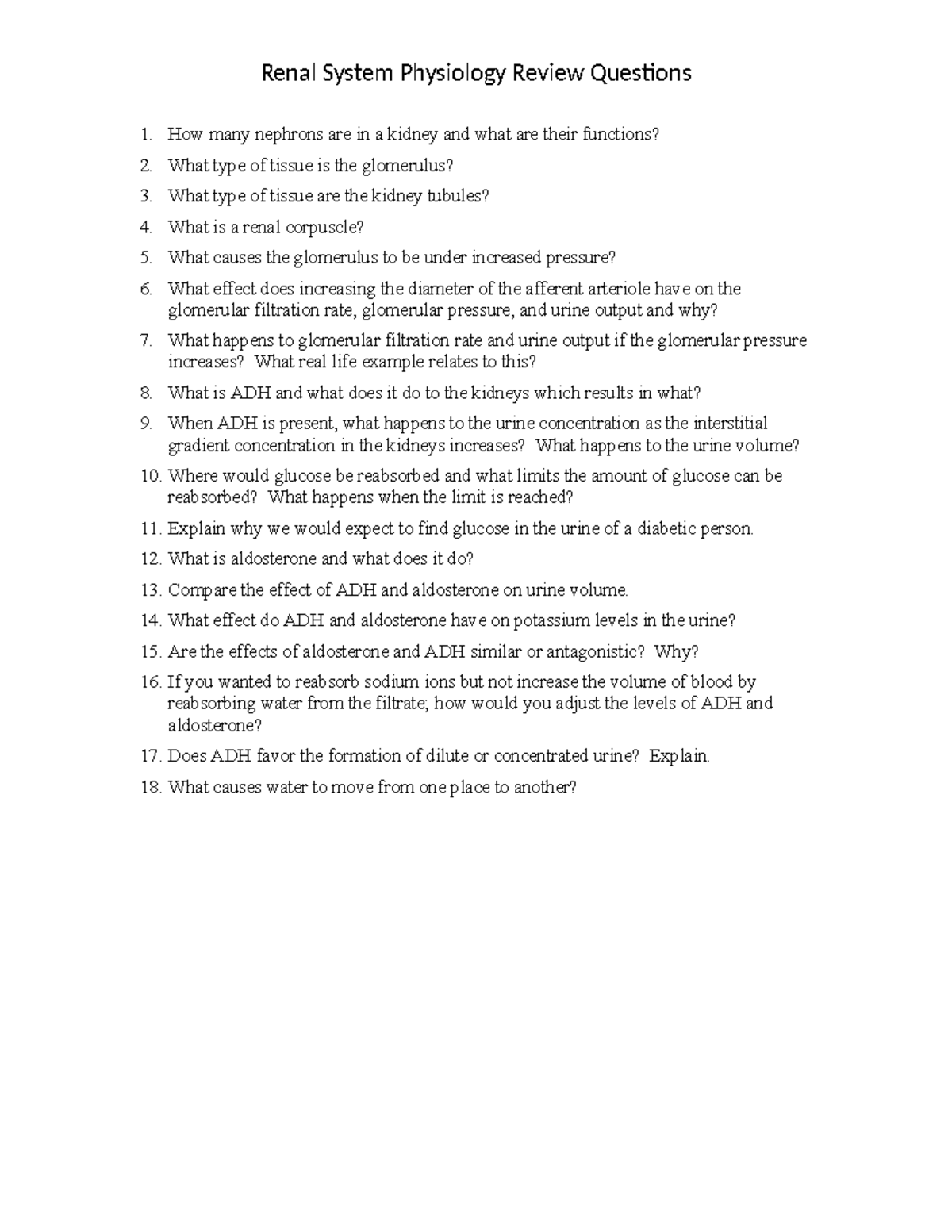 Prelab Renal System Physiology Review Questions - Renal System ...