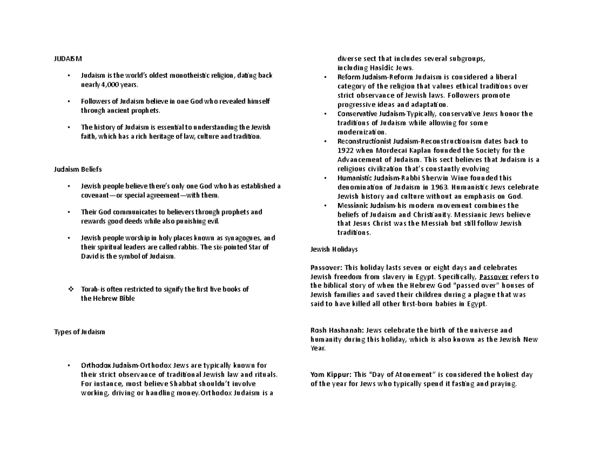 Judaism - Lecture notes 6 - JUDAISM Judaism is the world’s oldest ...
