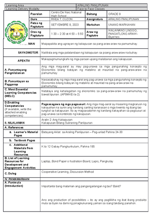 AP9 Q1 W1 D1 - lesson plan - Learning Area ARALING PANLIPUNAN Learning Delivery Modality Face to ...