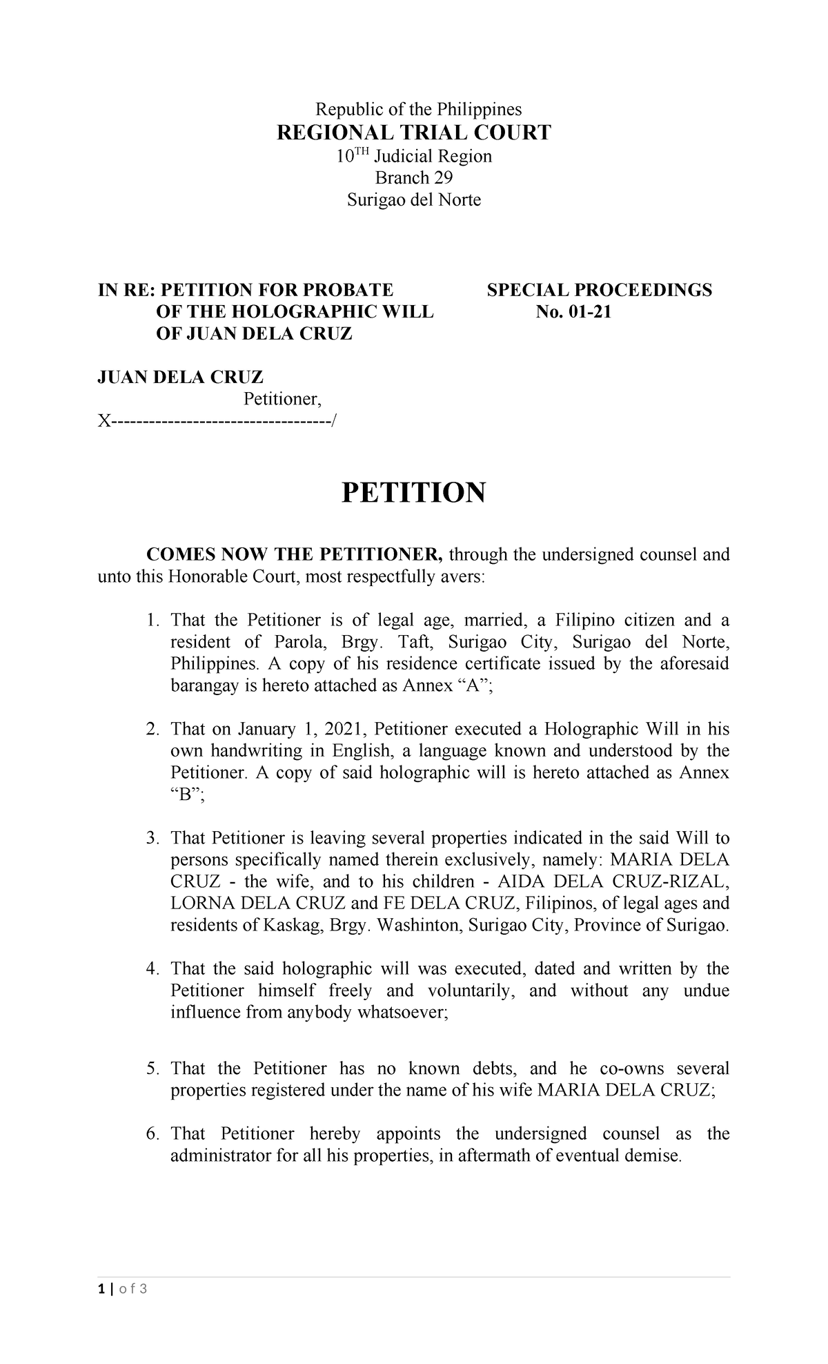 Petition for Probate of Holographic Will - Republic of the Philippines ...