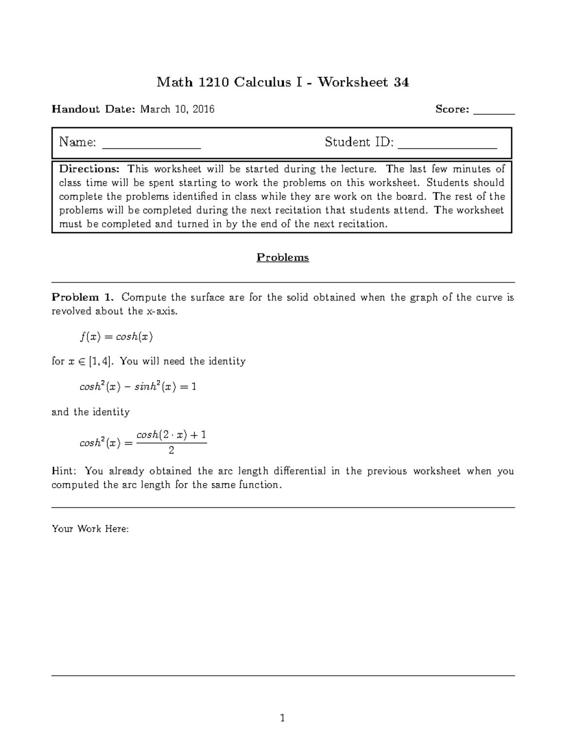 Worksheet 33 - Math 1210 Calculus I - Worksheet 34 Handout Date: March ...