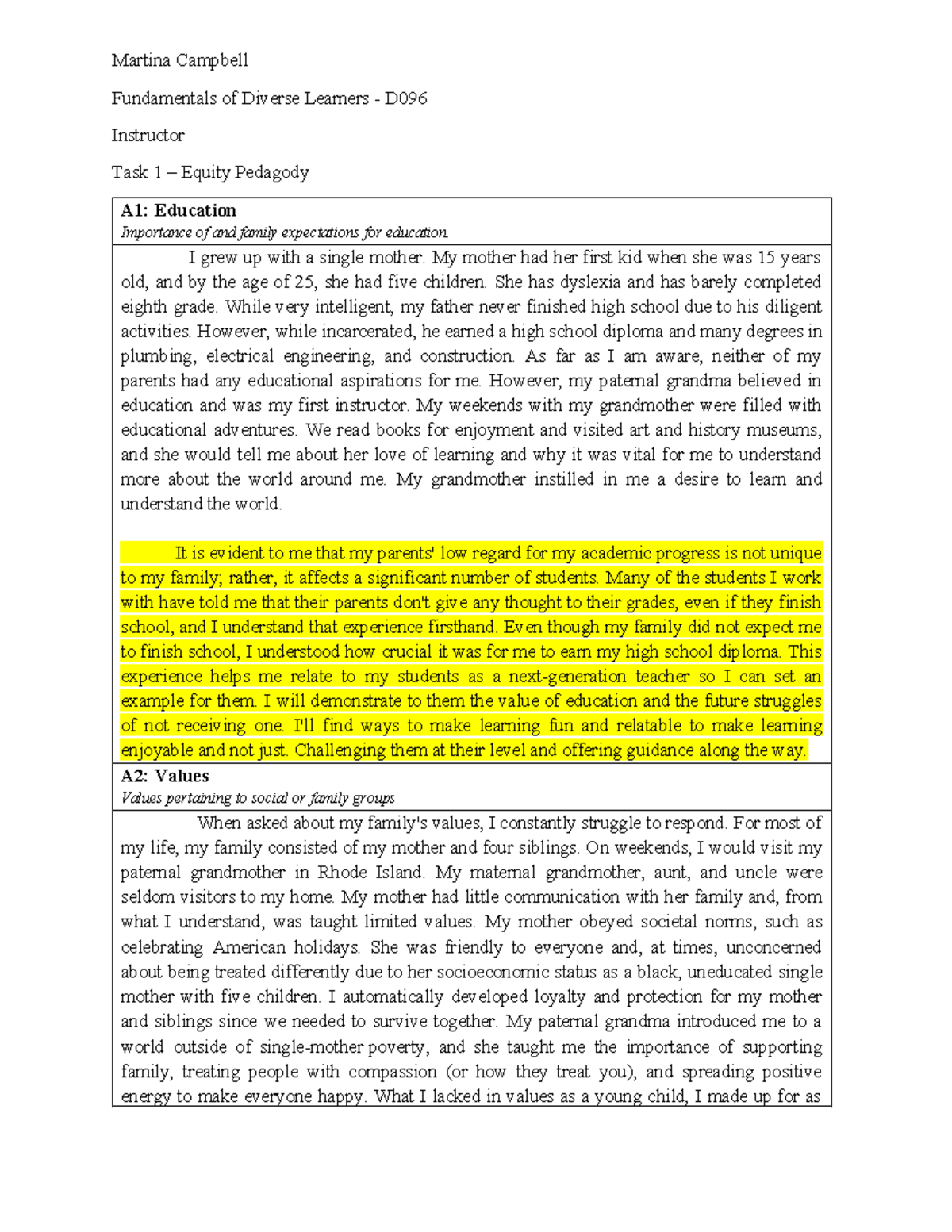 D096 Task 1 - Passed! - Martina Campbell Fundamentals of Diverse ...
