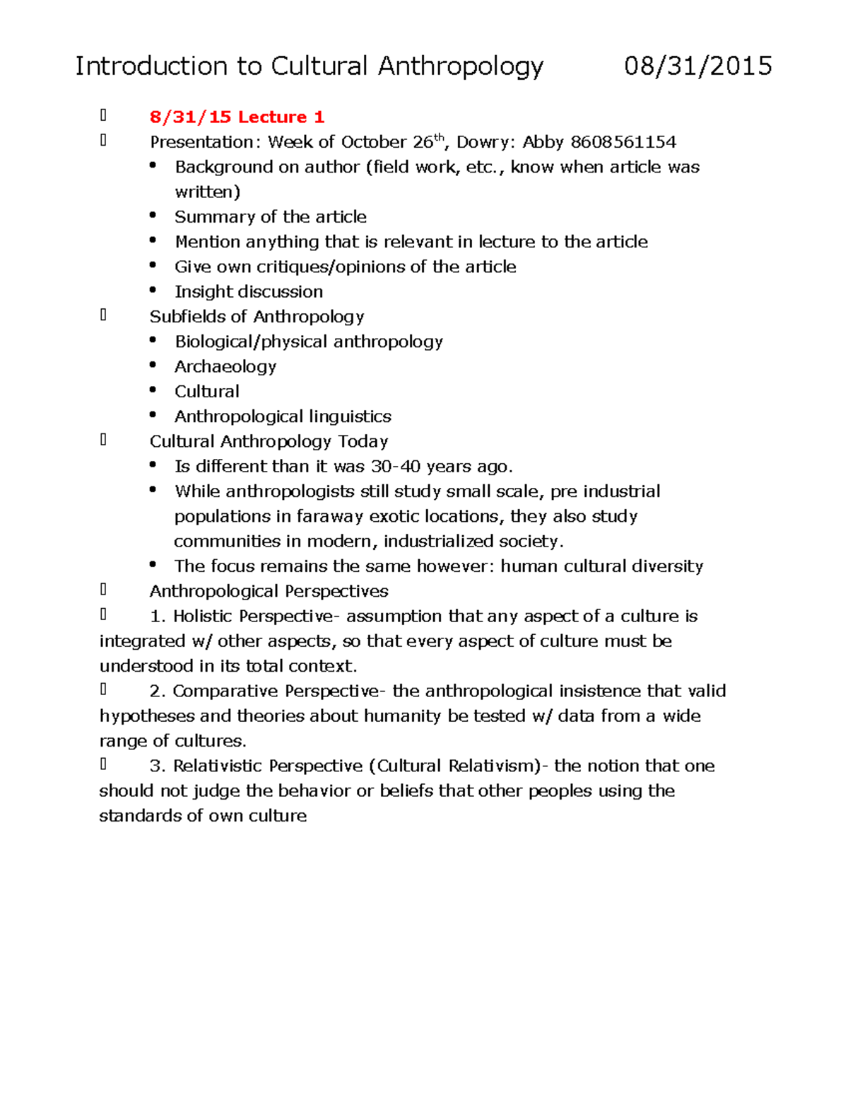 Entire semester worth of notes - Introduction to Cultural Anthropology ...