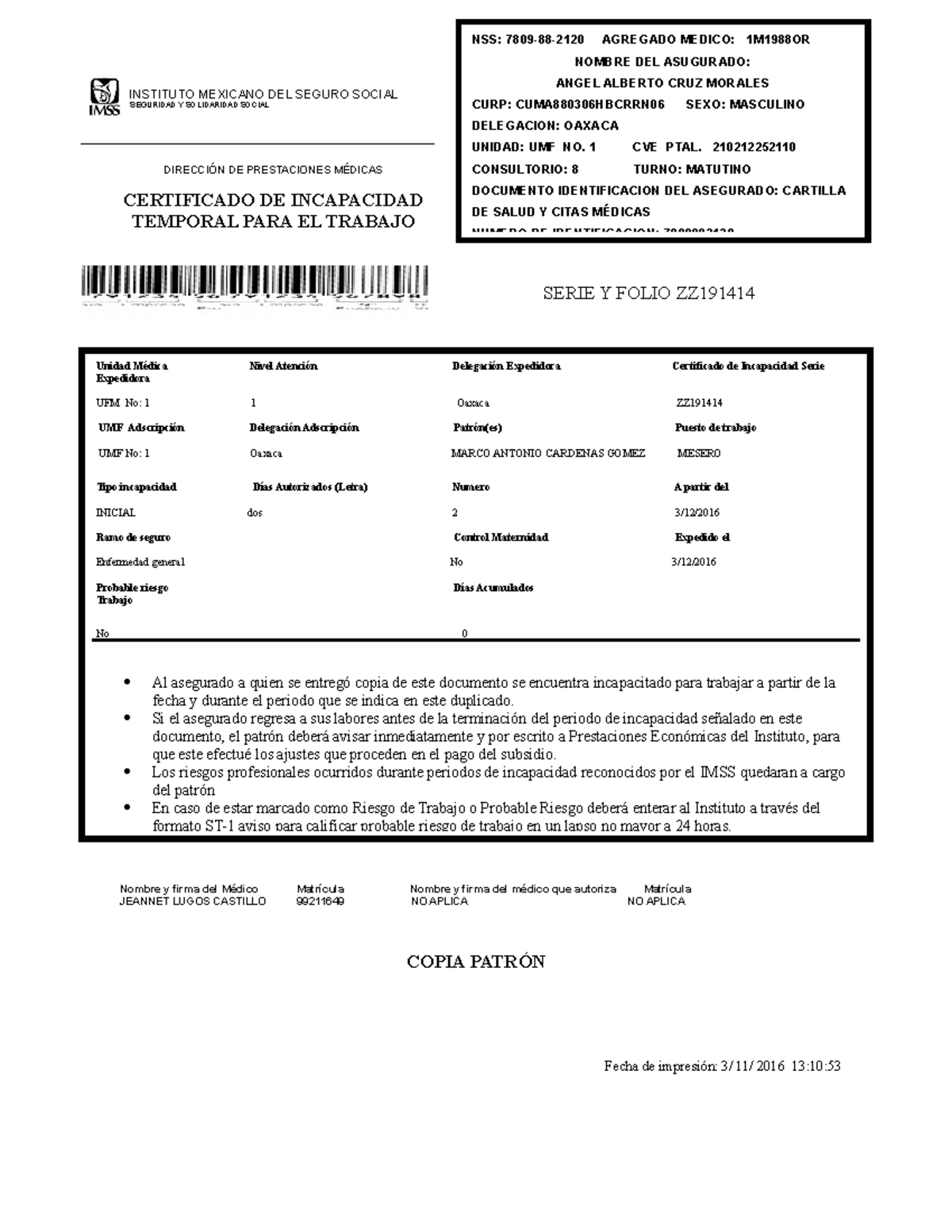 371736047 justificante incapacidad imss - SERIE Y FOLIO ZZ Nombre y ...