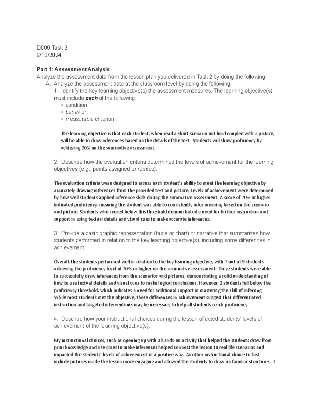 D009 Task 3 passed - D009 Task 3 9/13/ Part 1: Assessment Analysis ...
