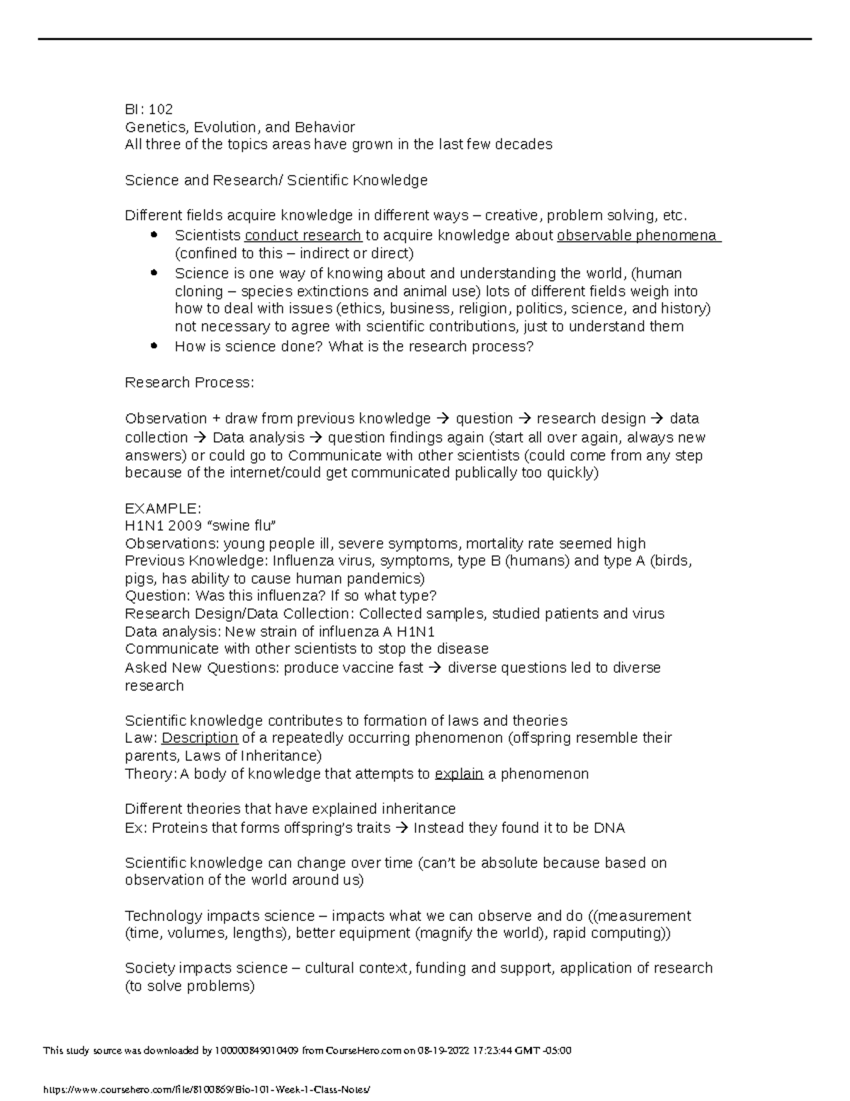 Bio 101 Week 1 Class Notes - BI: 102 Genetics, Evolution, and Behavior ...