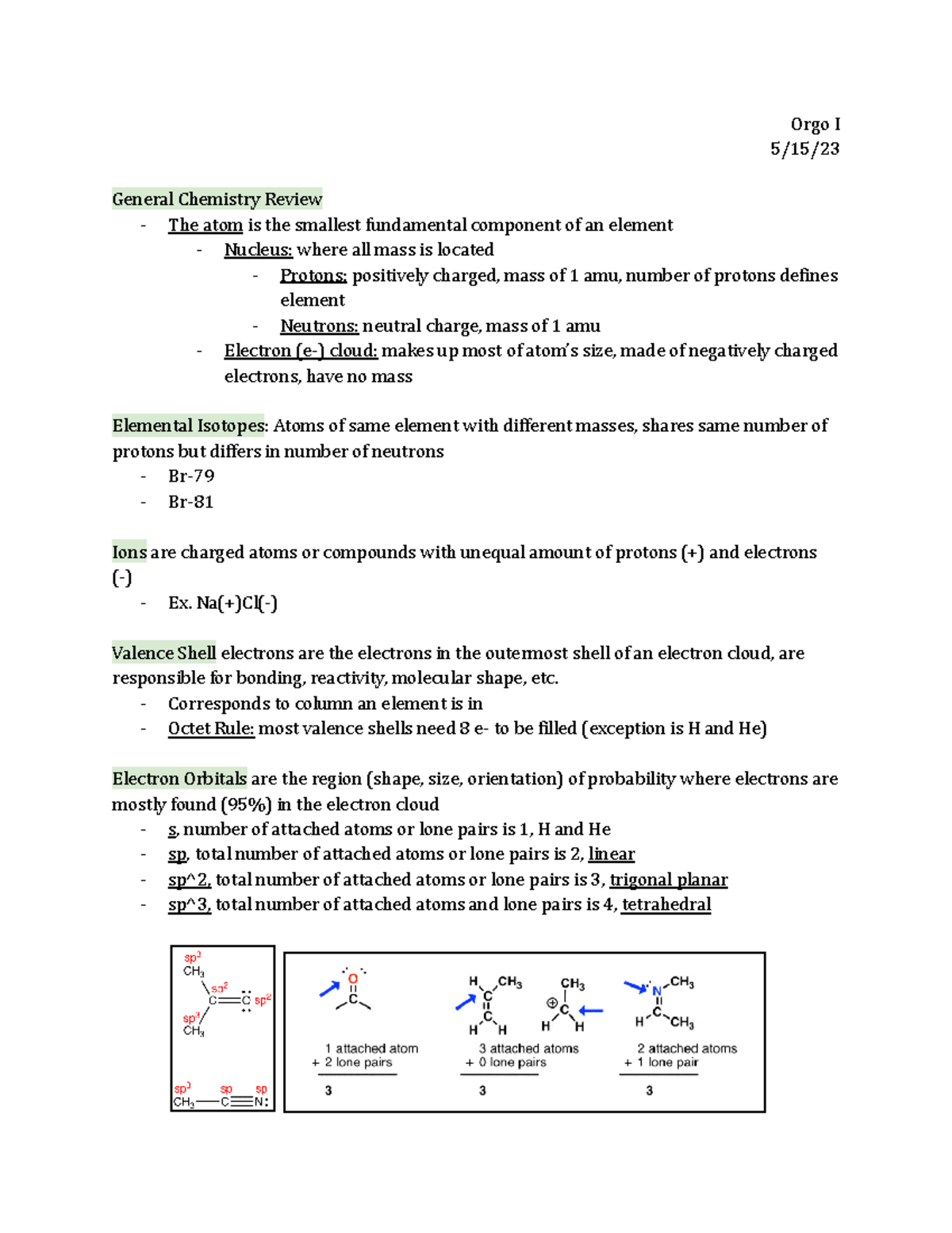 Organic Chemistry 1 Notes - Orgo I 5/15/ General Chemistry Review - The ...