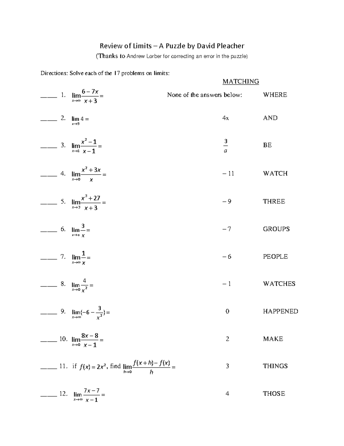 Limits Practice Puzzles - Review of Limits – A Puzzle by David Pleacher ...