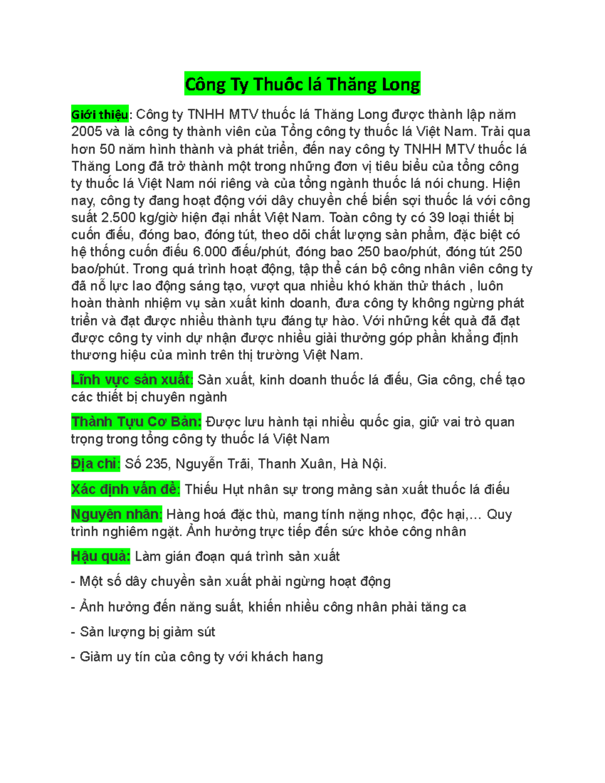 Phần 1 và phần 2 - quản lý học - Công Ty Thuôốc lá Thăng Long Gi ới thi u ệ : Công ty TNHH MTV ...