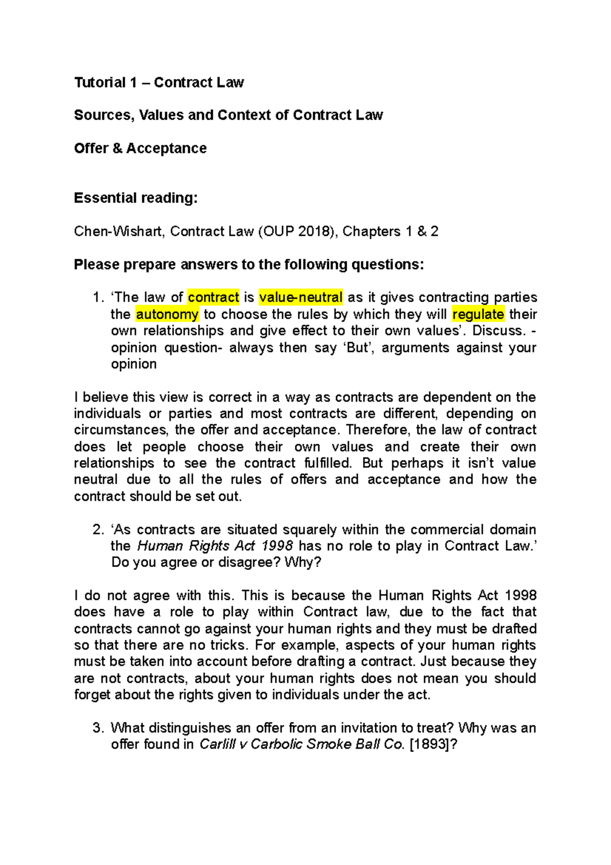 Contract law tutorials 1 and 2 and answeres - Tutorial 1 – Contract Law Sources, Values and ...