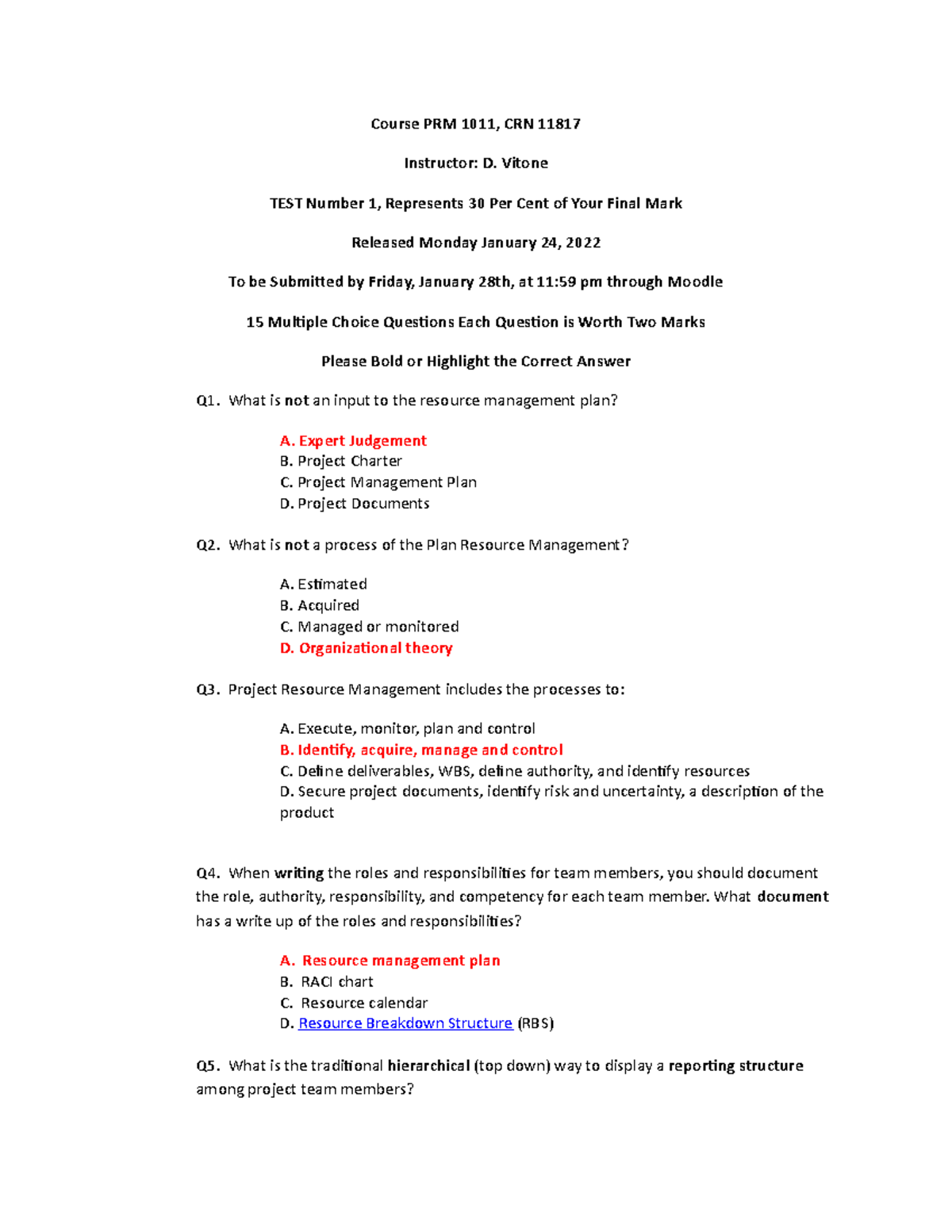 Test 1 Project Resource Management - Course PRM 1011, CRN 11817 ...
