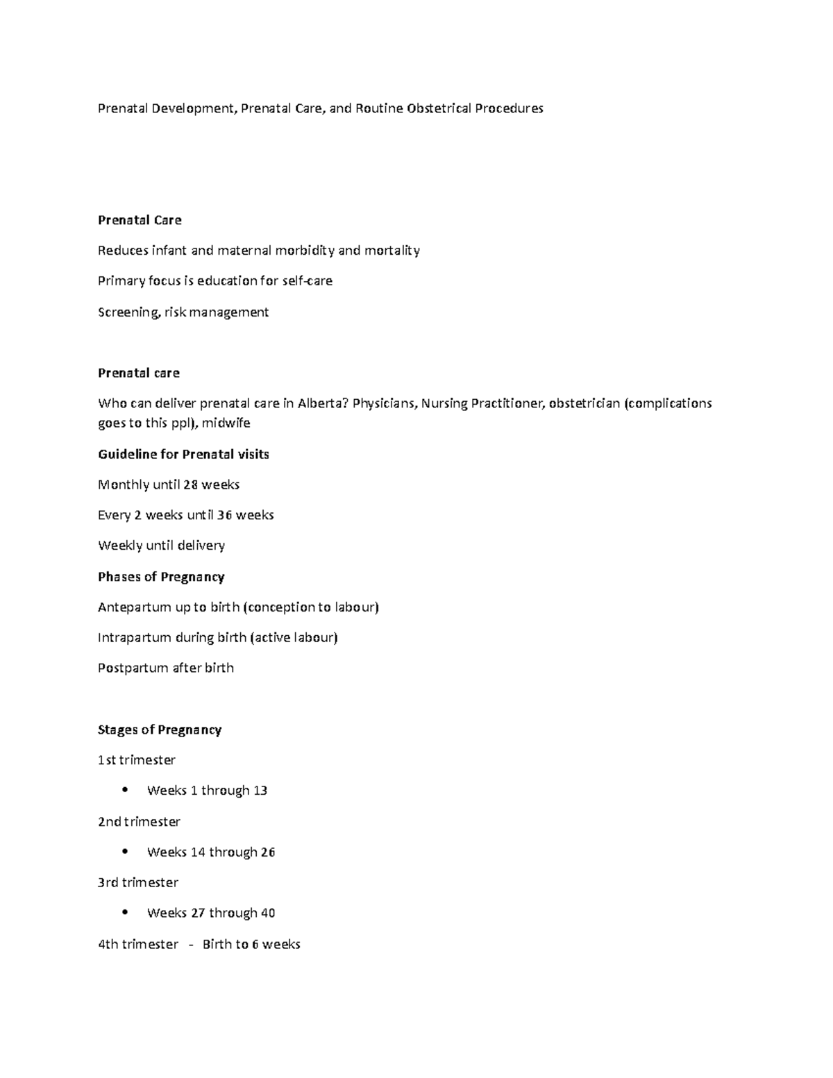 Module 2 notes - Prenatal Development, Prenatal Care, and Routine ...