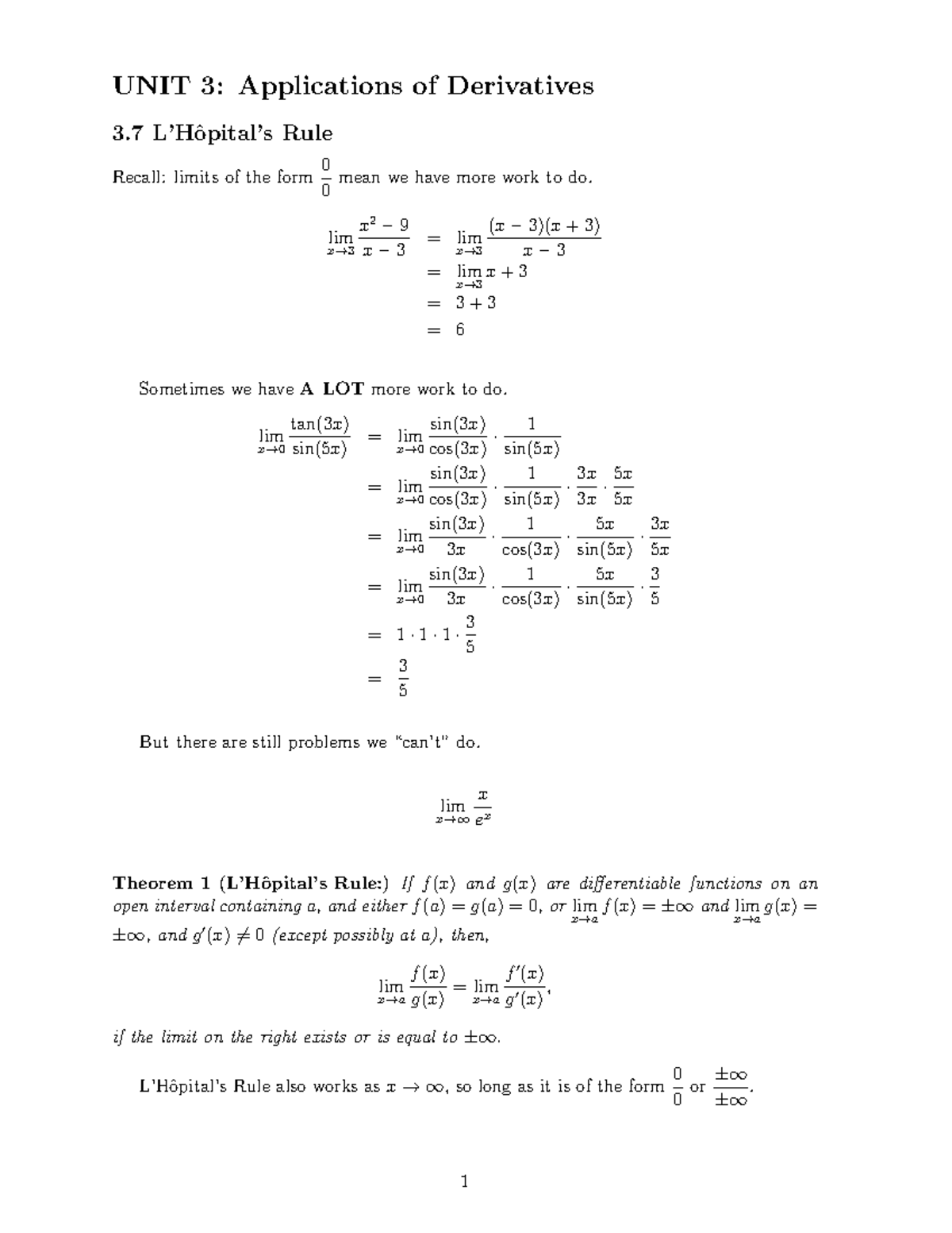 9. L'Hopital's Rule - math 1000 cal i all lec notes for session 2021 ...
