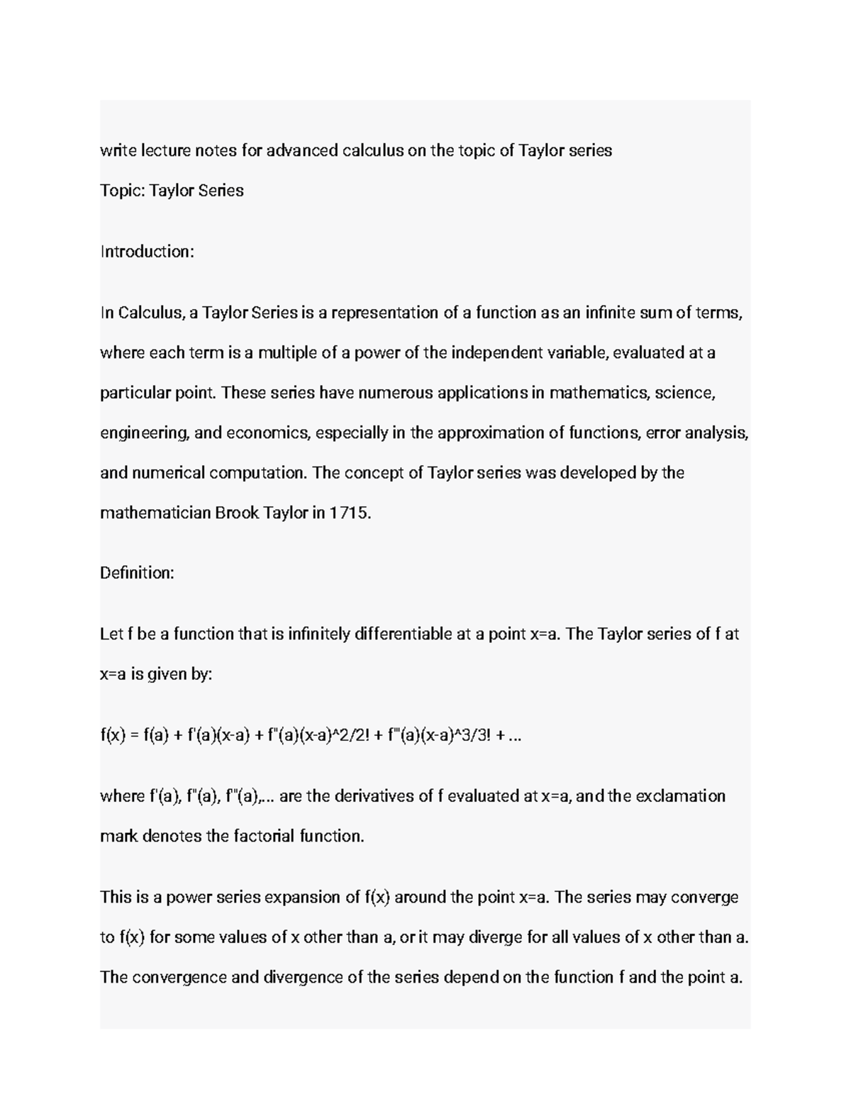 Write lecture notes for advanced calculus on the topic of Taylor series ...