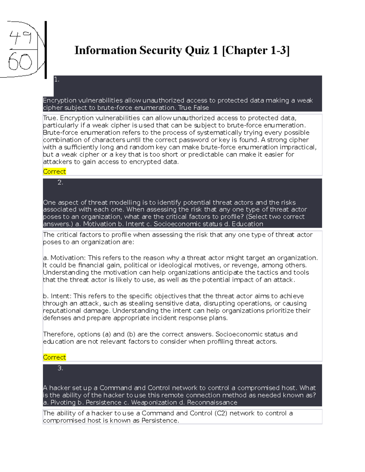 Information Security Quiz 1 - Encryption vulnerabilities allow unauthorized access to protected ...