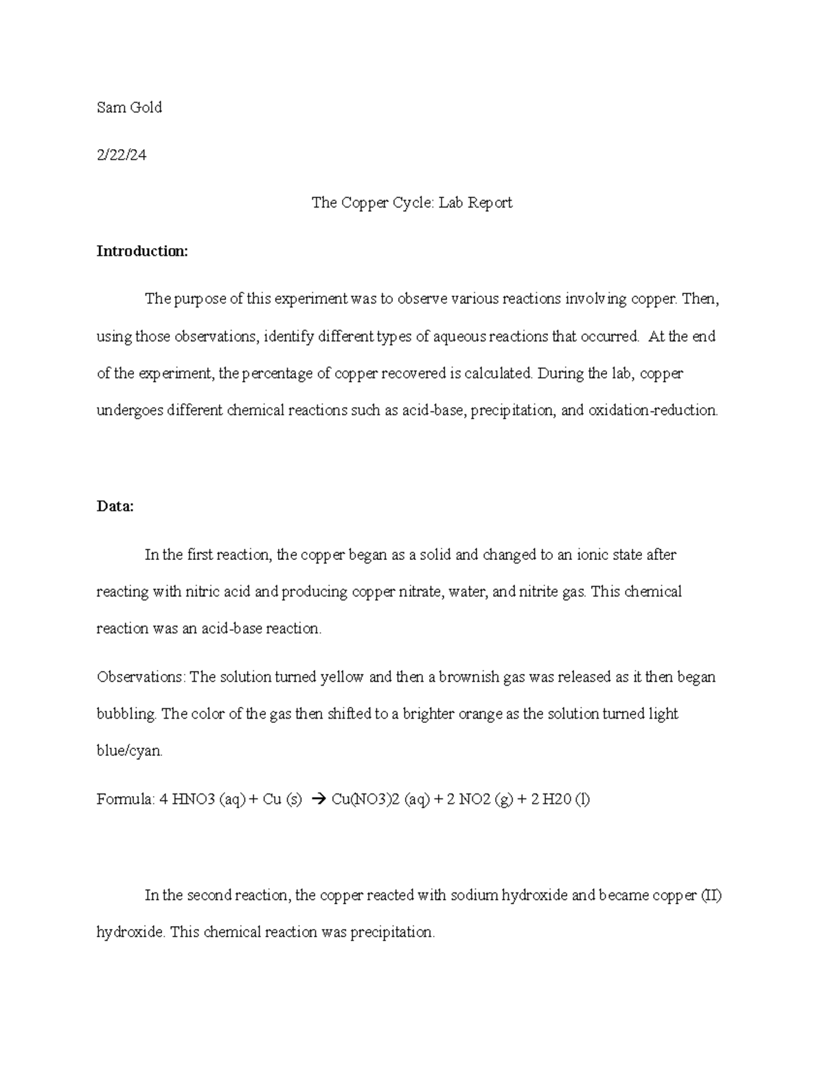 Copper Cycle Lab Report Gold - Sam Gold 2/22/ The Copper Cycle: Lab ...