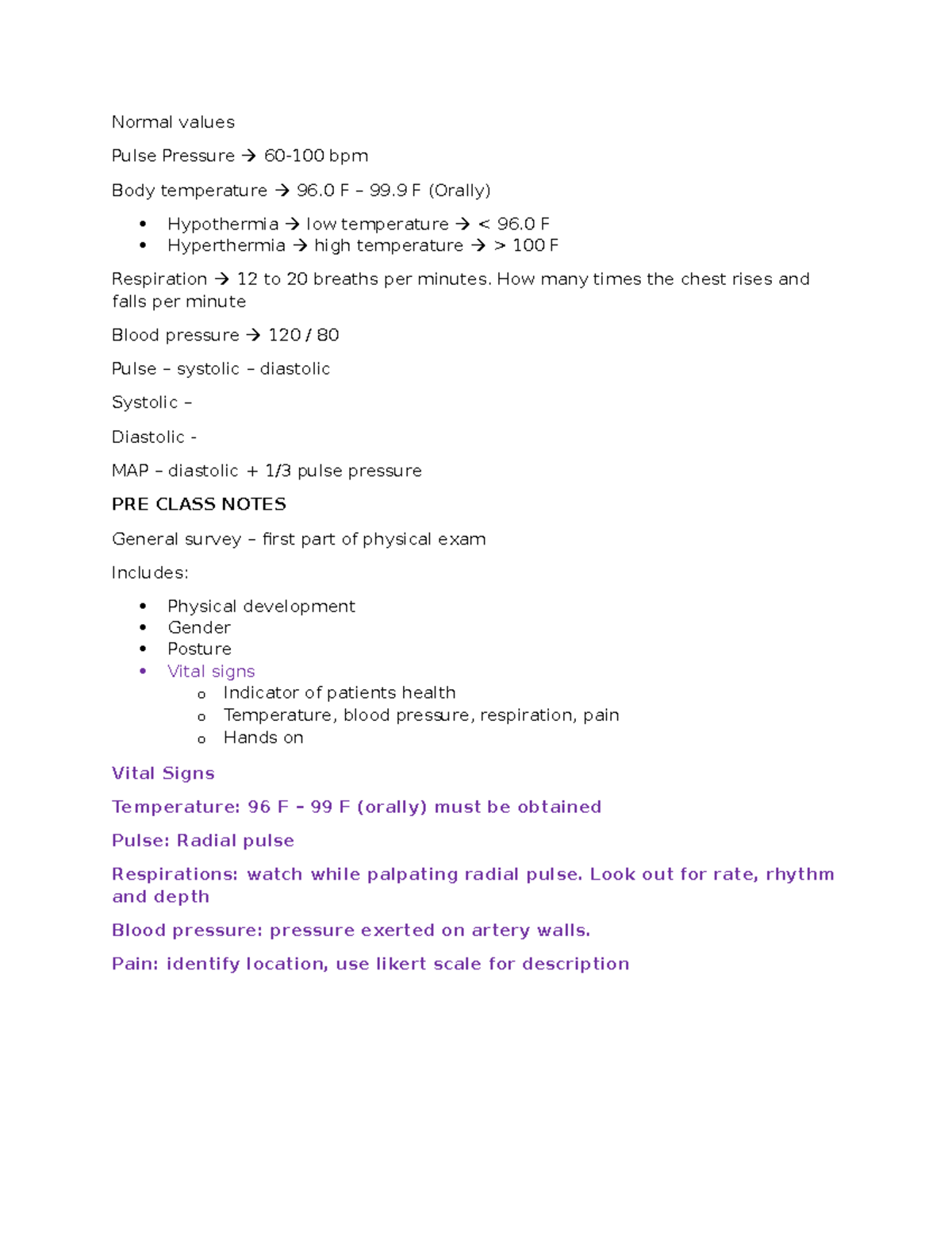 Normal values - Normal values Pulse Pressure 60-100 bpm Body ...