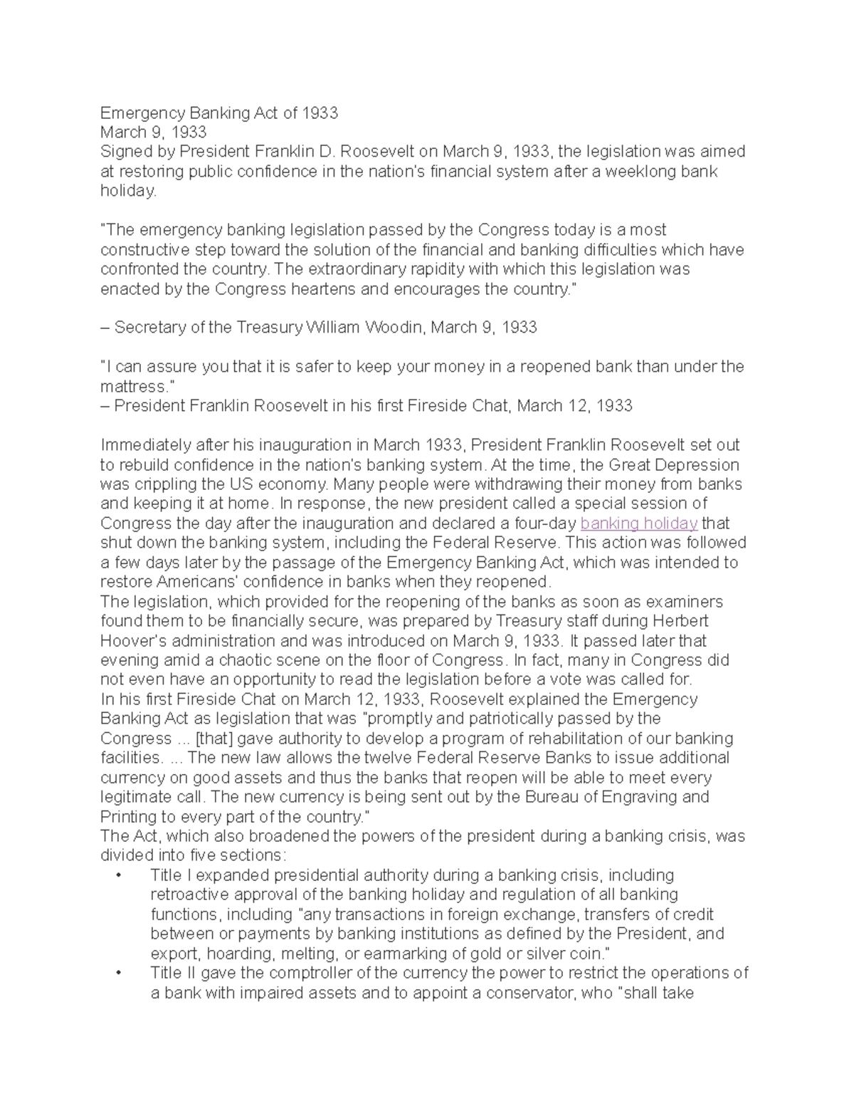 Banking Act 1933 - Emergency Banking Act of 1933 March 9, 1933 Signed ...