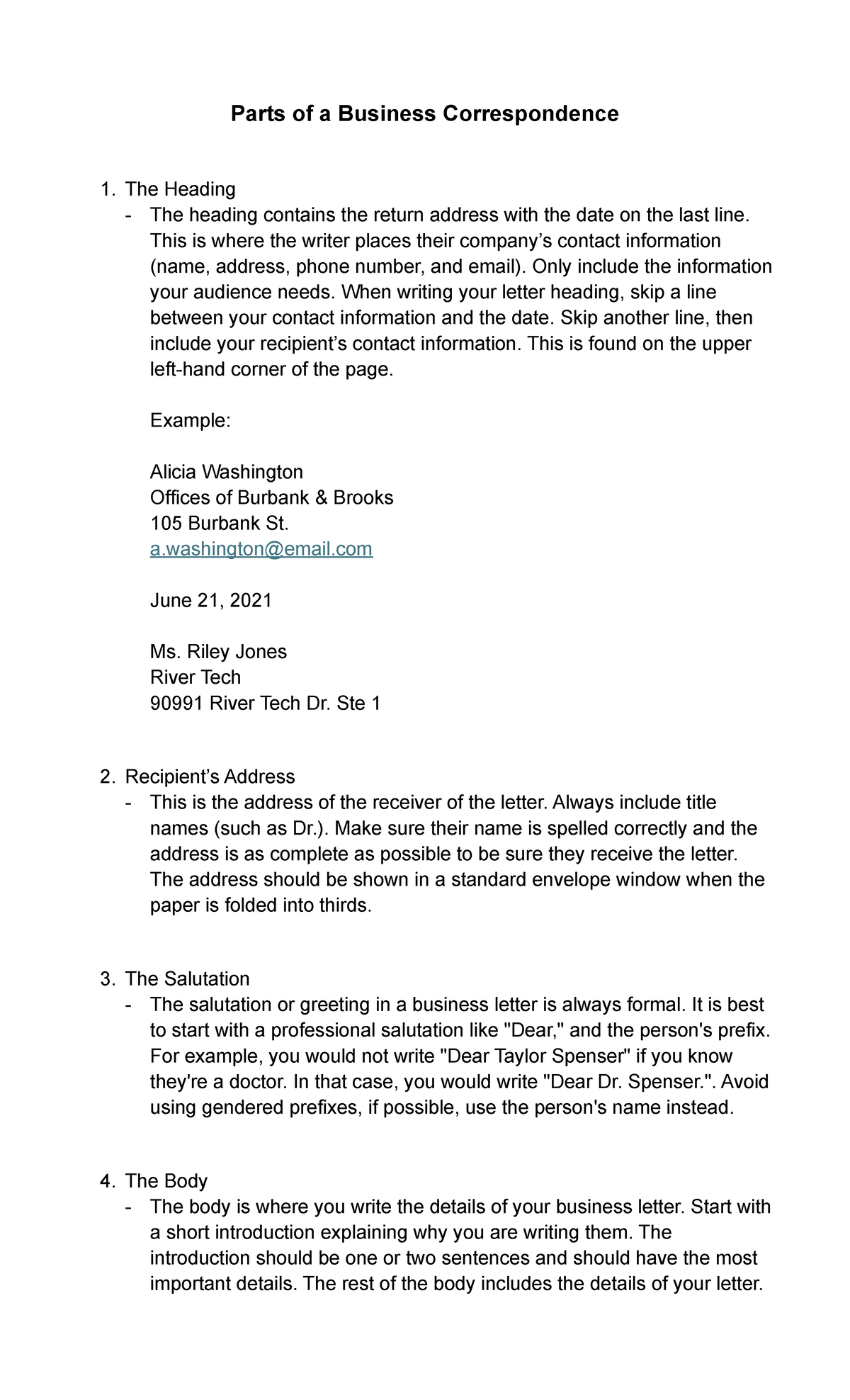 Parts of a Business Correspondence - The Heading - The heading contains ...