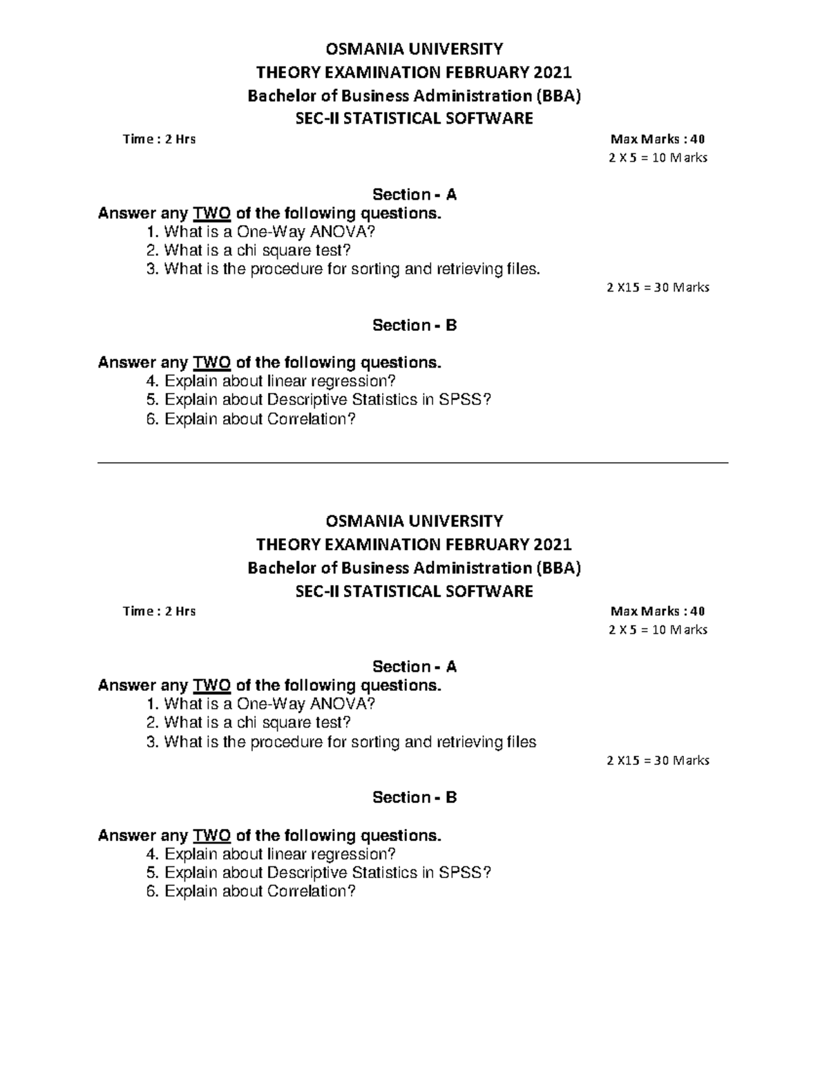 Statistical Software BBA - OSMANIA UNIVERSITY THEORY EXAMINATION ...