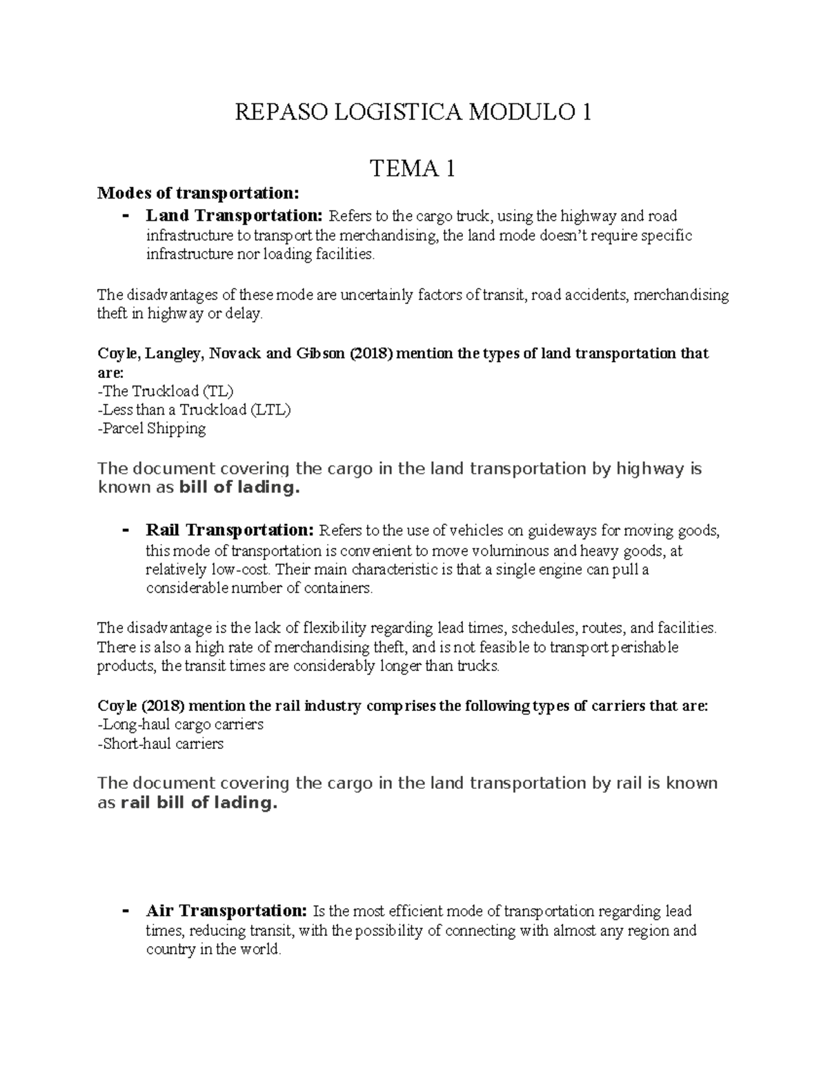 Repaso Logistica Modulo 1 - REPASO LOGISTICA MODULO 1 TEMA 1 Modes of transportation: - Land ...