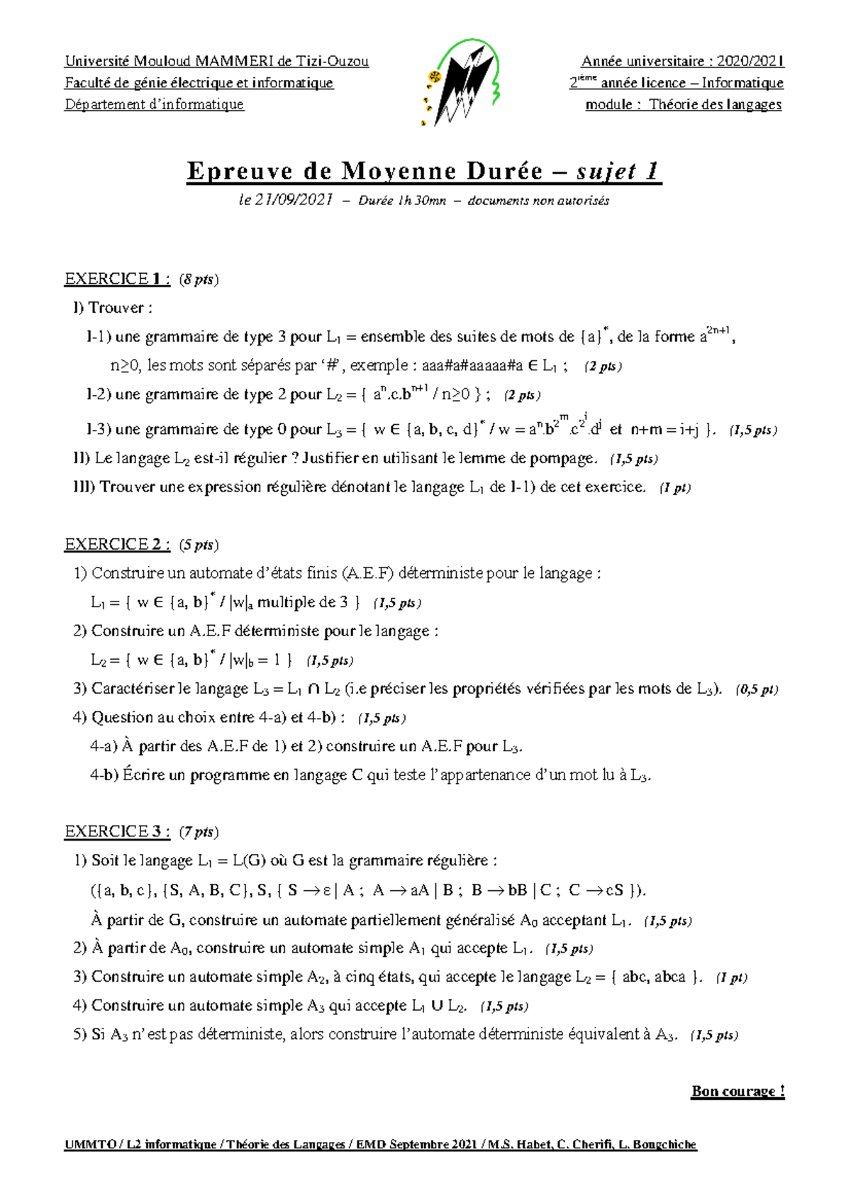 Corrigé-type sujet 1 THL - Université Mouloud MAMMERI de Tizi-Ouzou ...