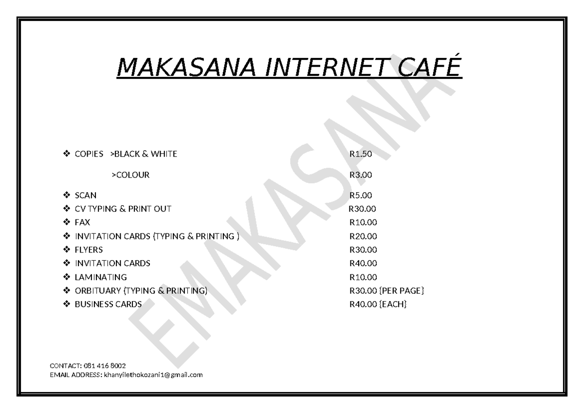 Business Paperwork - COPIES >BLACK & WHITE R1. >COLOUR R3. SCAN R5. CV ...