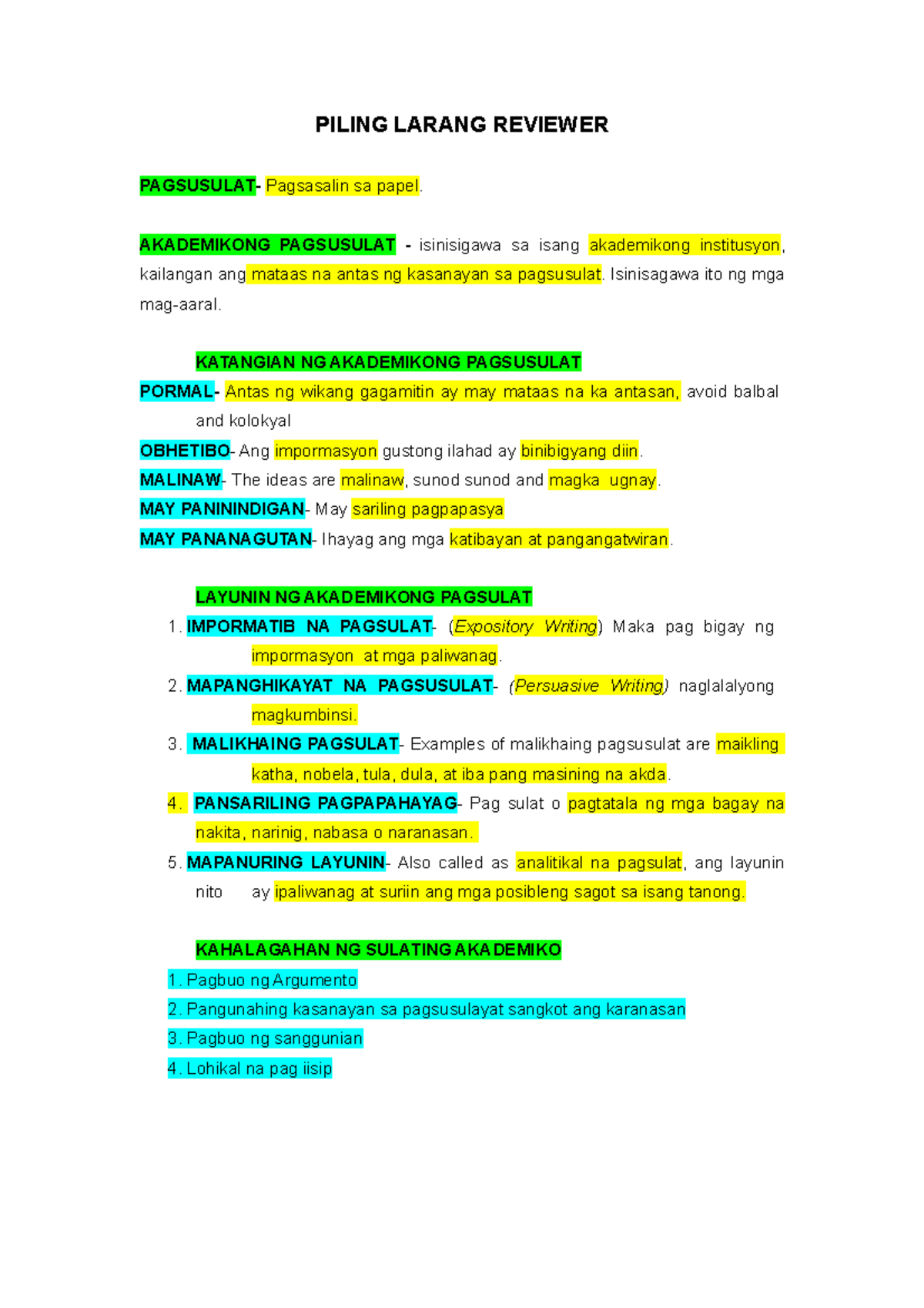 Piling- Larang- Reviewer - PILING LARANG REVIEWER PAGSUSULAT ...