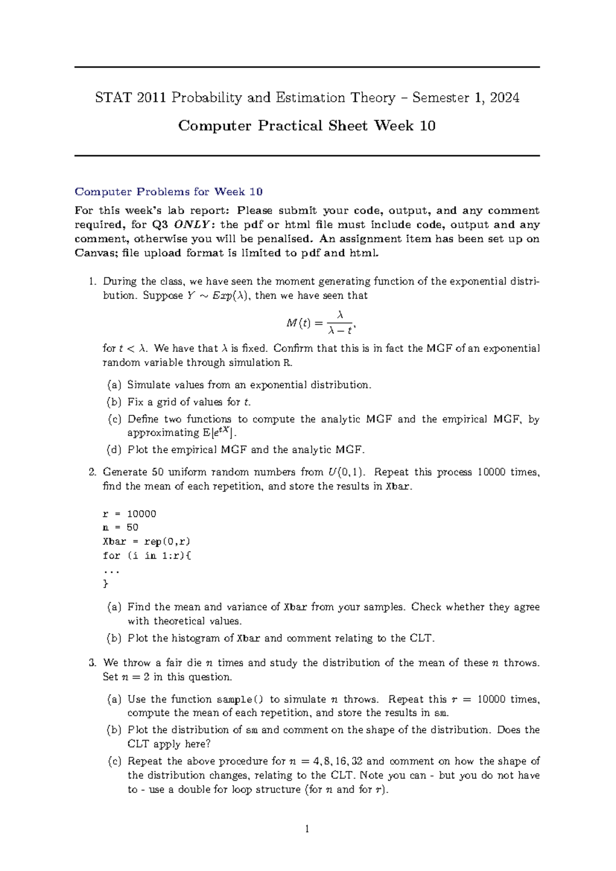 Comp10 - STAT 2011 Probability and Estimation Theory – Semester 1, 2024 Computer Practical Sheet ...