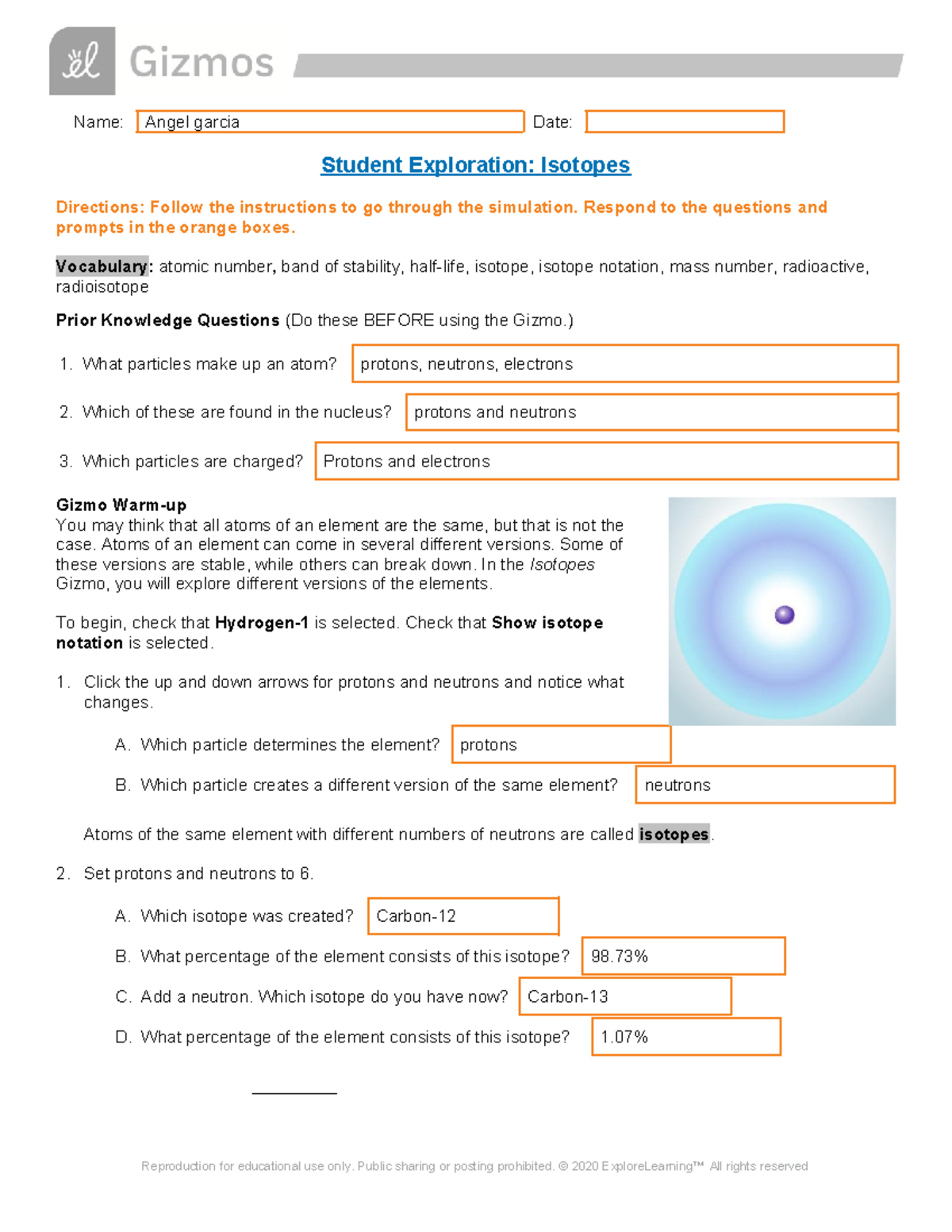 Copy of Isotopes SE - easy - Name: Angel garcia Date: Student ...