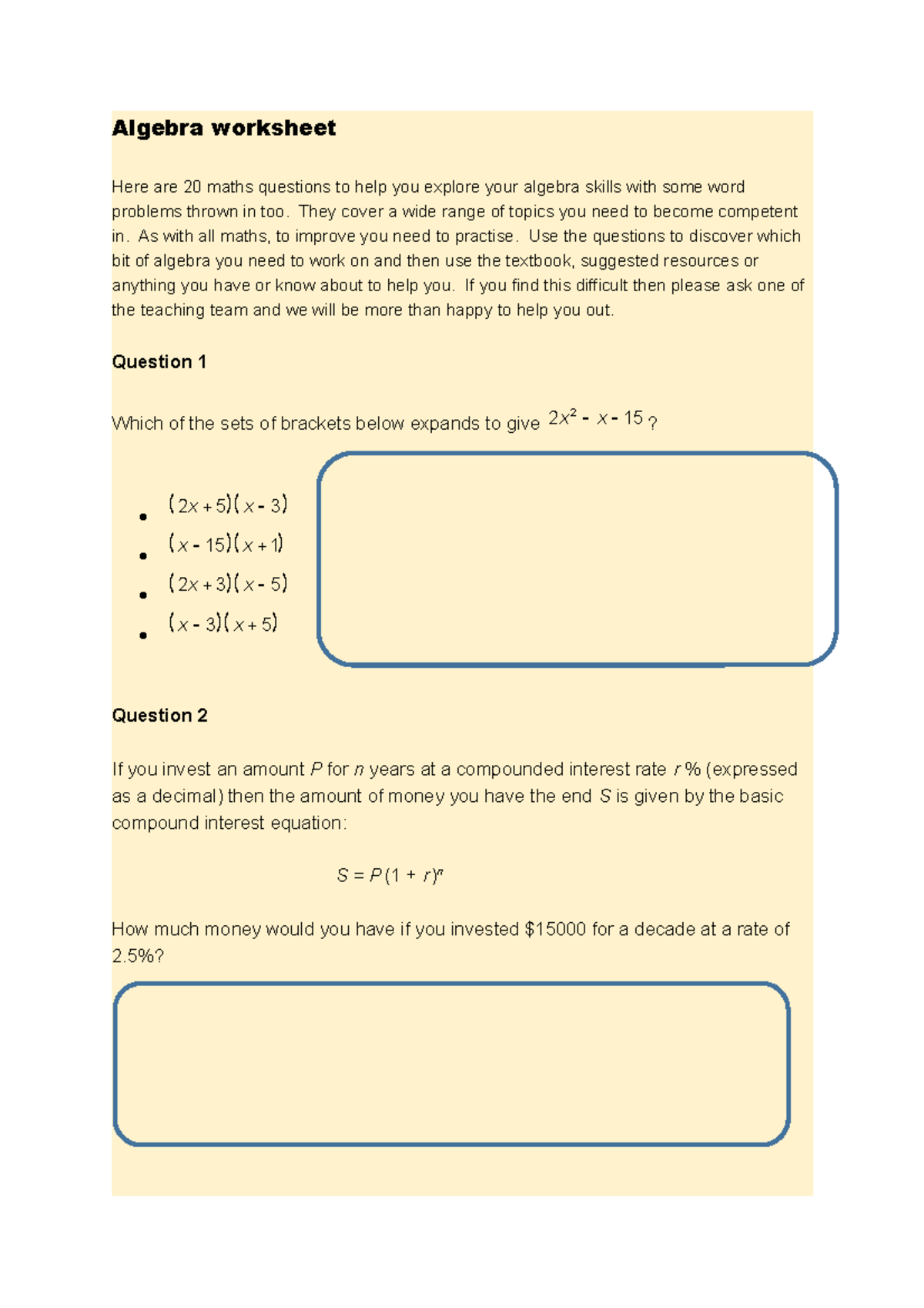 Algebra worksheet - Algebra worksheet Here are 20 maths questions to ...