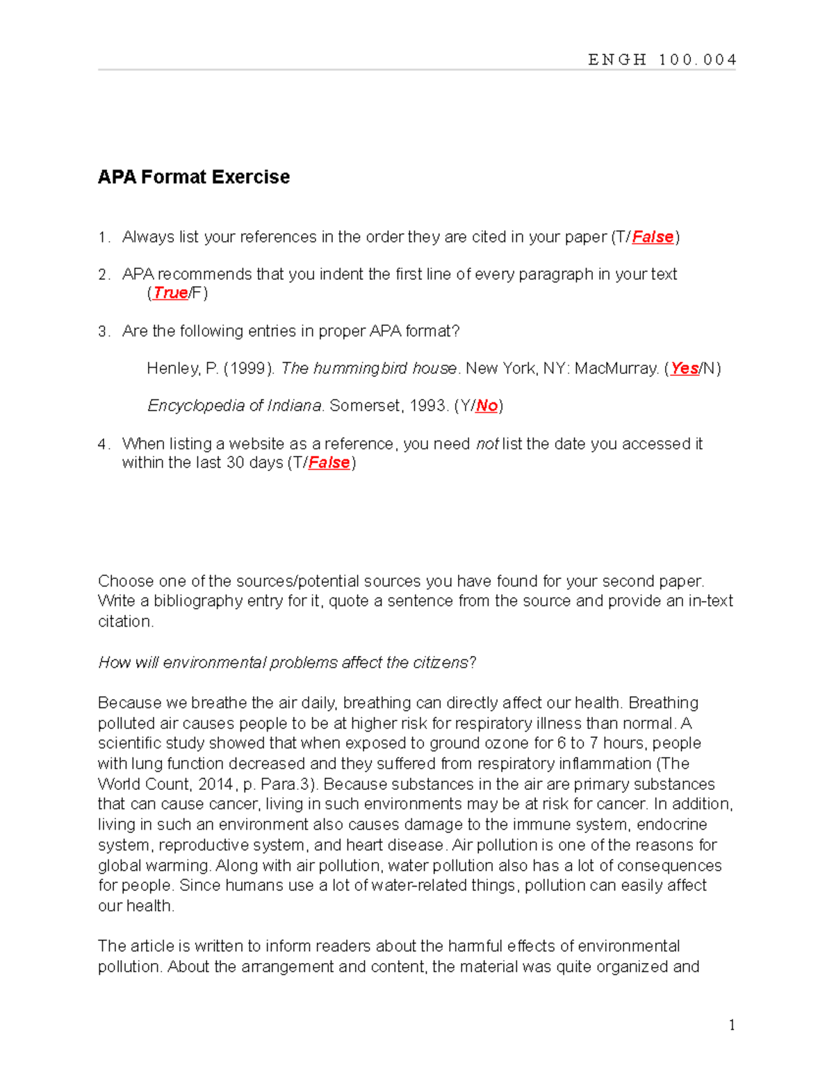 APA Exercise - ENGH 100 APA Format Exercise 1. Always list your ...