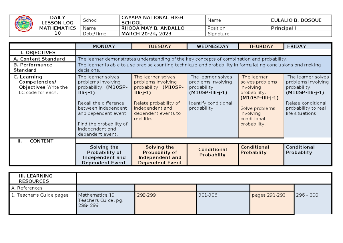 M10Q3W6 - DAILY LESSON LOG MATHEMATICS 10 School CAYAPA NATIONAL HIGH SCHOOL Name EULALIO B ...