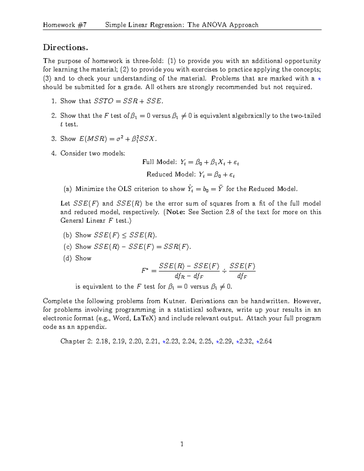 STAT 840 Homework 7 2021 - Homework #7 Simple Linear Regression: The ANOVA Approach Directions ...
