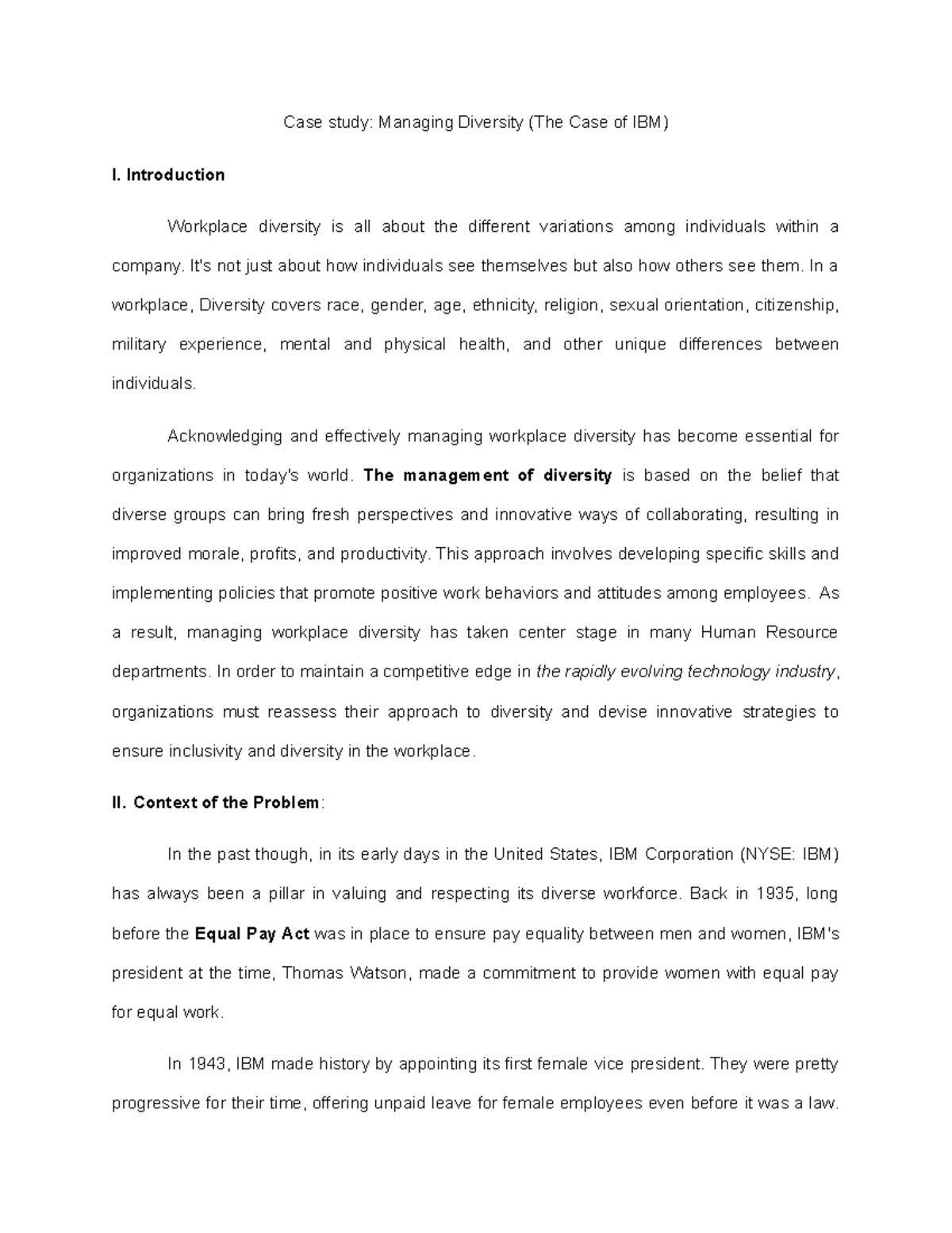 Case study of IBM - Case study: Managing Diversity (The Case of IBM) I ...