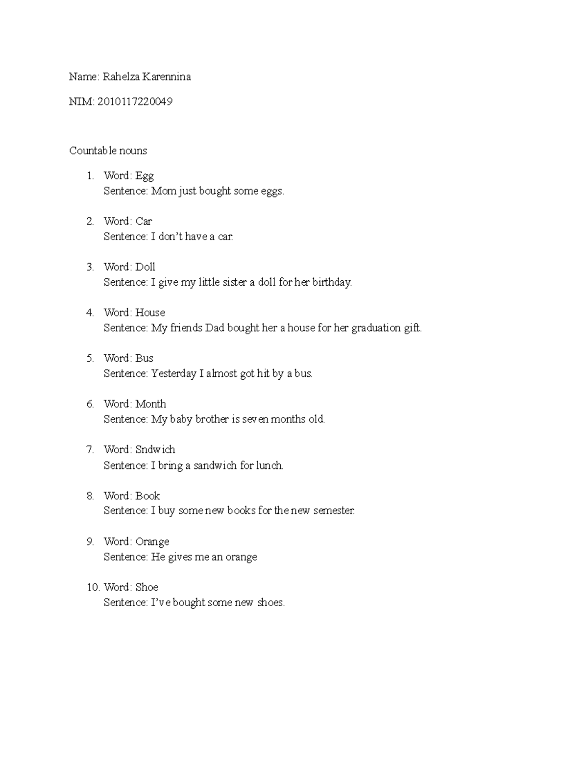 Countable and Uncountable nouns - Name: Rahelza Karennina NIM ...