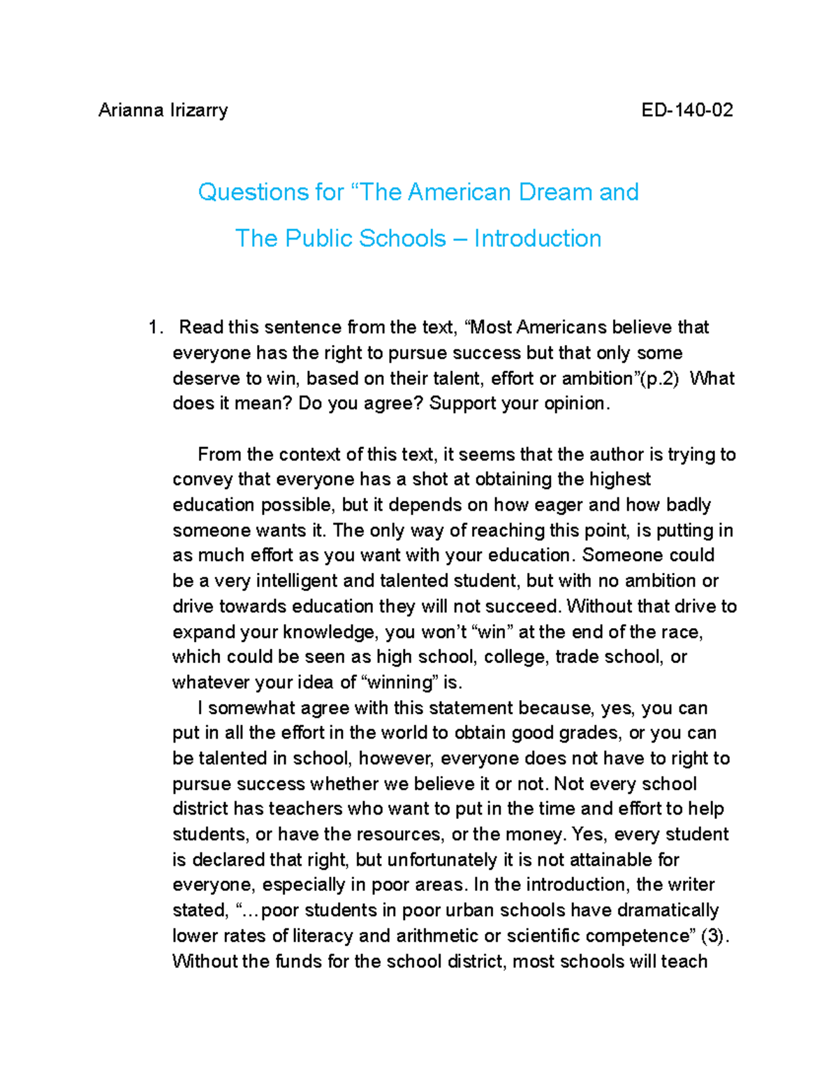 Session 1 Introduction questions American Dream - Arianna Irizarry ED ...