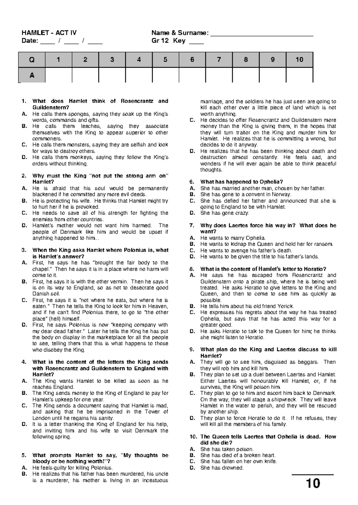 Hamlet Multiple Question on Act IV - HAMLET - ACT IV Name & Surname ...