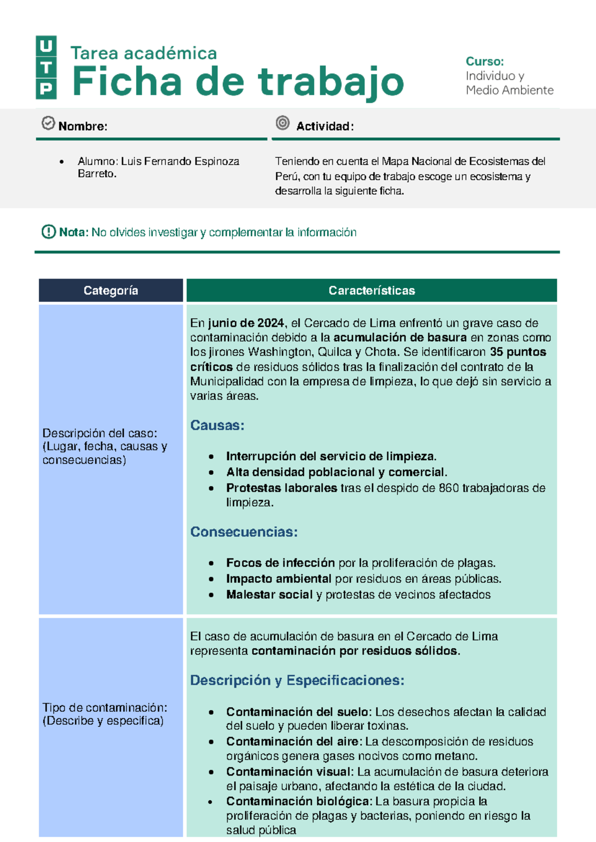 Fichadetrabajo Contaminación - Nombre: Actividad: - Alumno: Luis ...